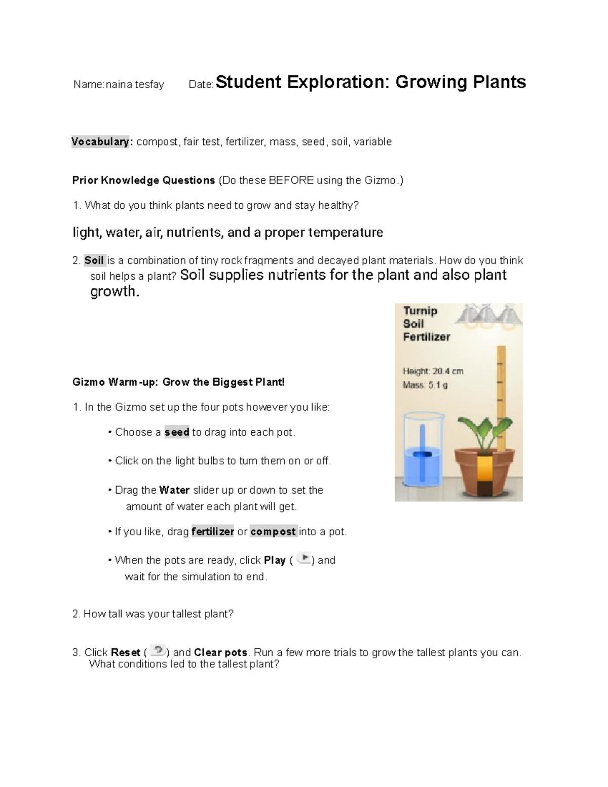 Student Exploration: Growing Plants SE - Activity Guide - Studocu