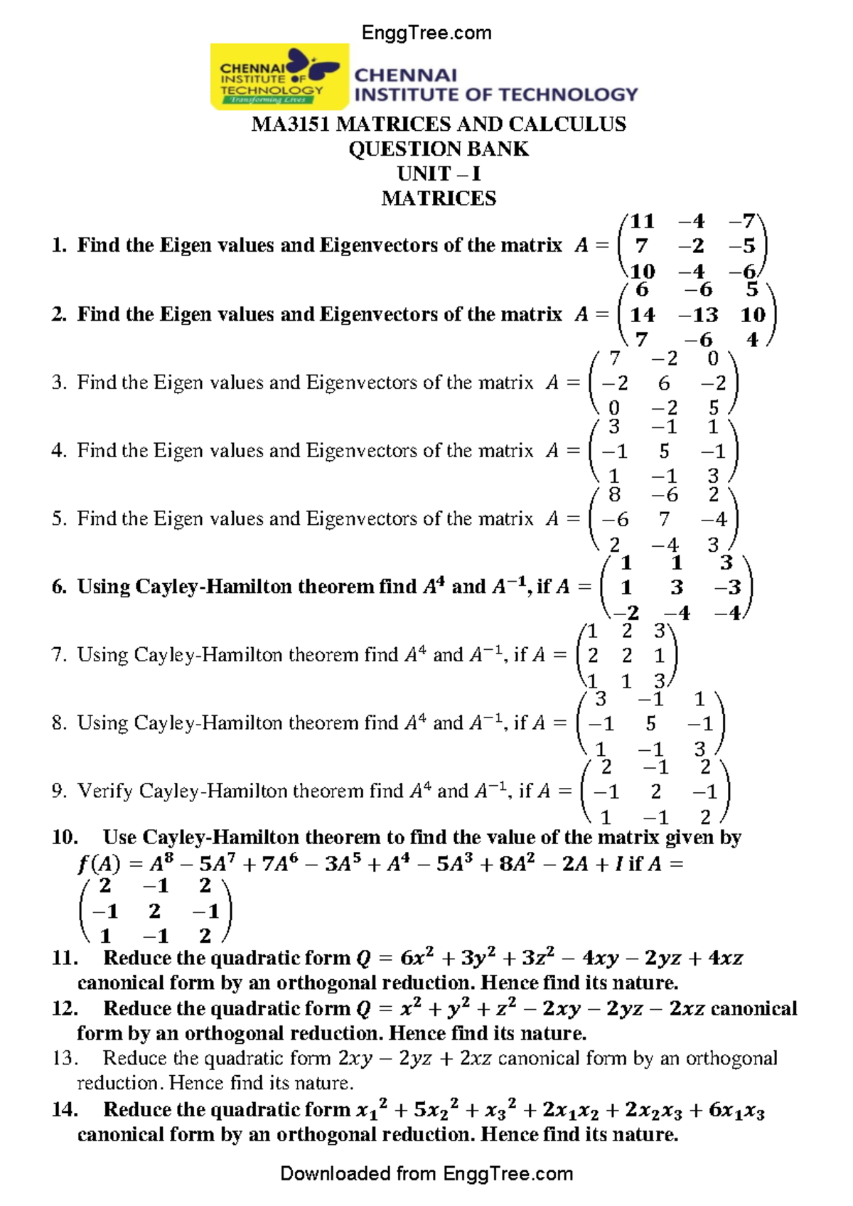 MA3151 Matrices and Calculus: Comprehensive Question Bank 1 - Studocu