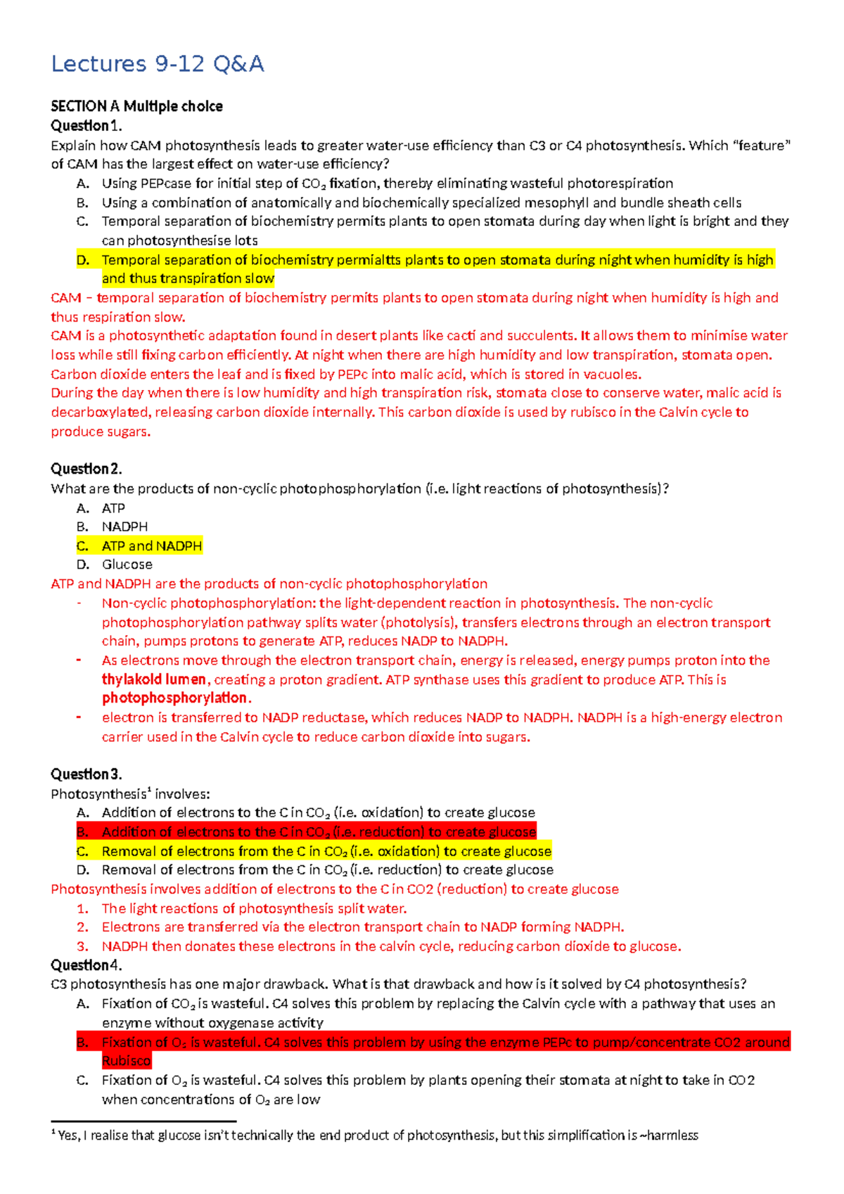 BIOL1XX7 Lecture 12 Practice Exam: Photosynthesis & Respiration ...