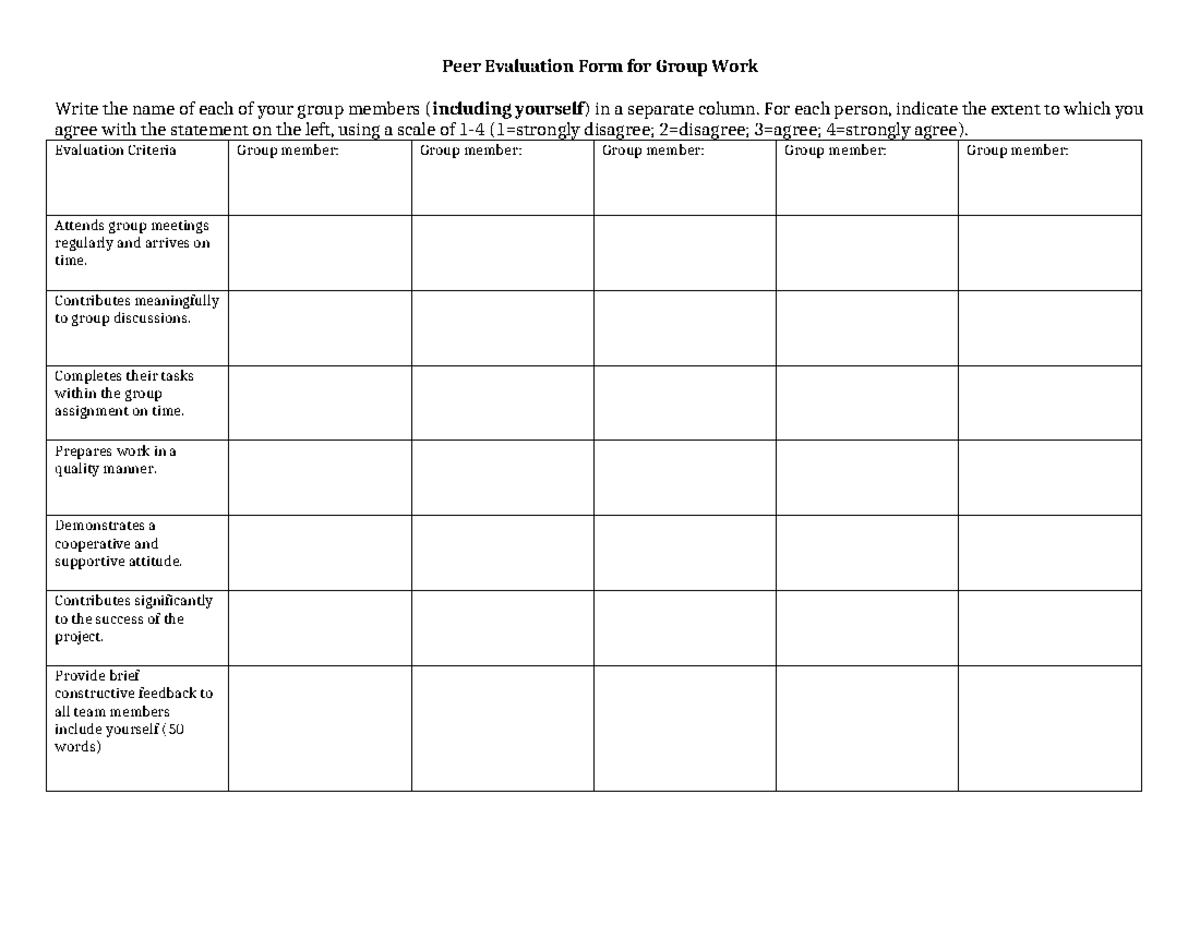 Peer Evaluation Form for Group Work Assessment - Studocu