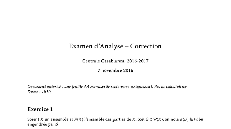 Corrigé de l'Examen d'Analyse - Centrale Casablanca, 7 nov. 2016 - Studocu