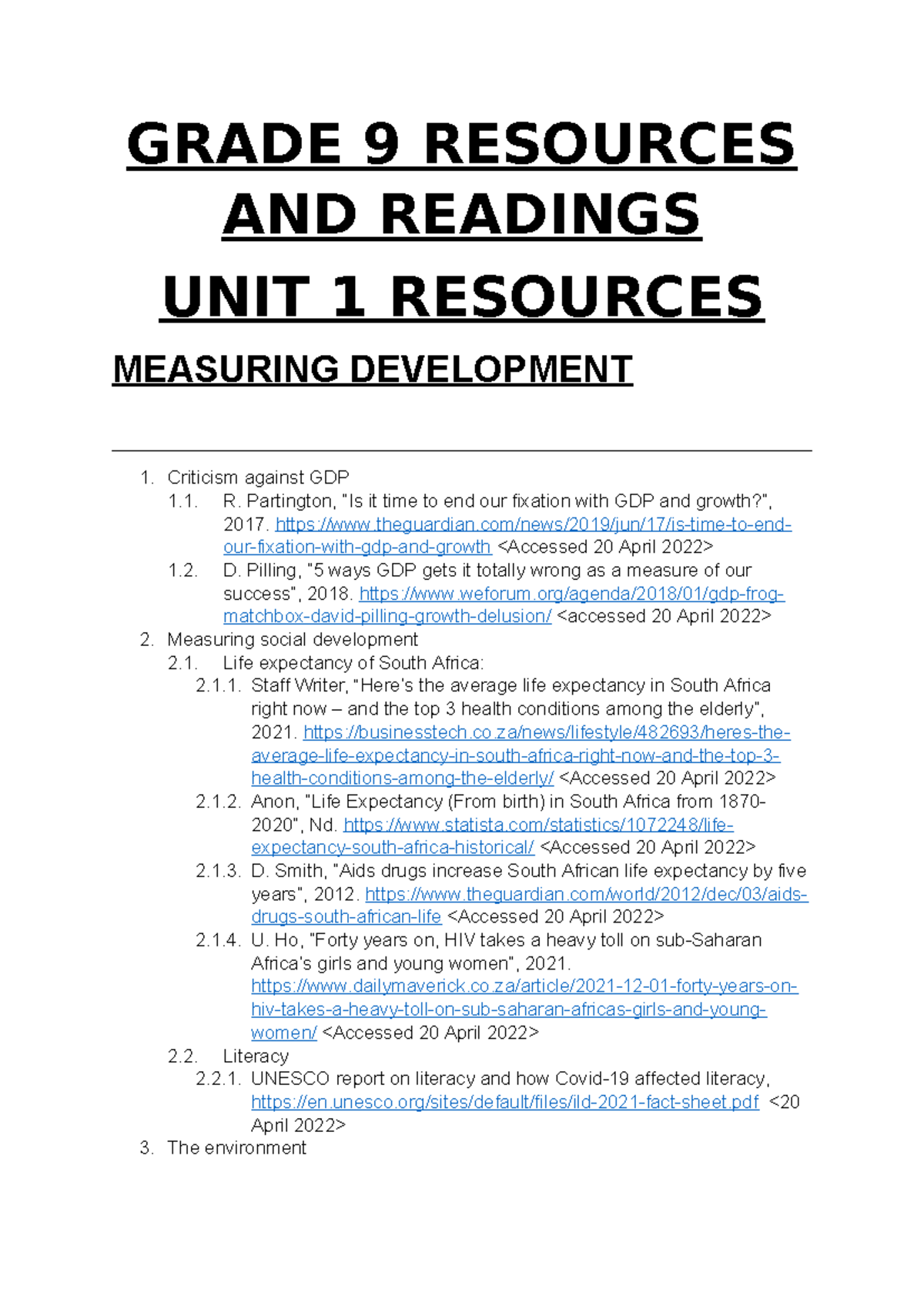 Grade 9 Resources & Readings: Unit 1 Development Insights - Studocu