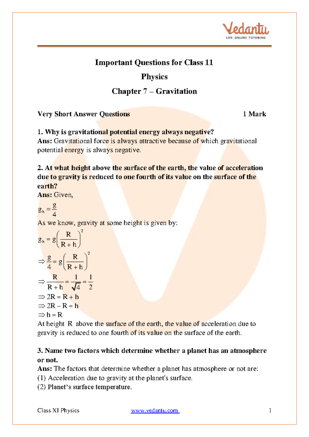 Important Questions for Class 11 Physics Chapter 7: Gravitation - Studocu