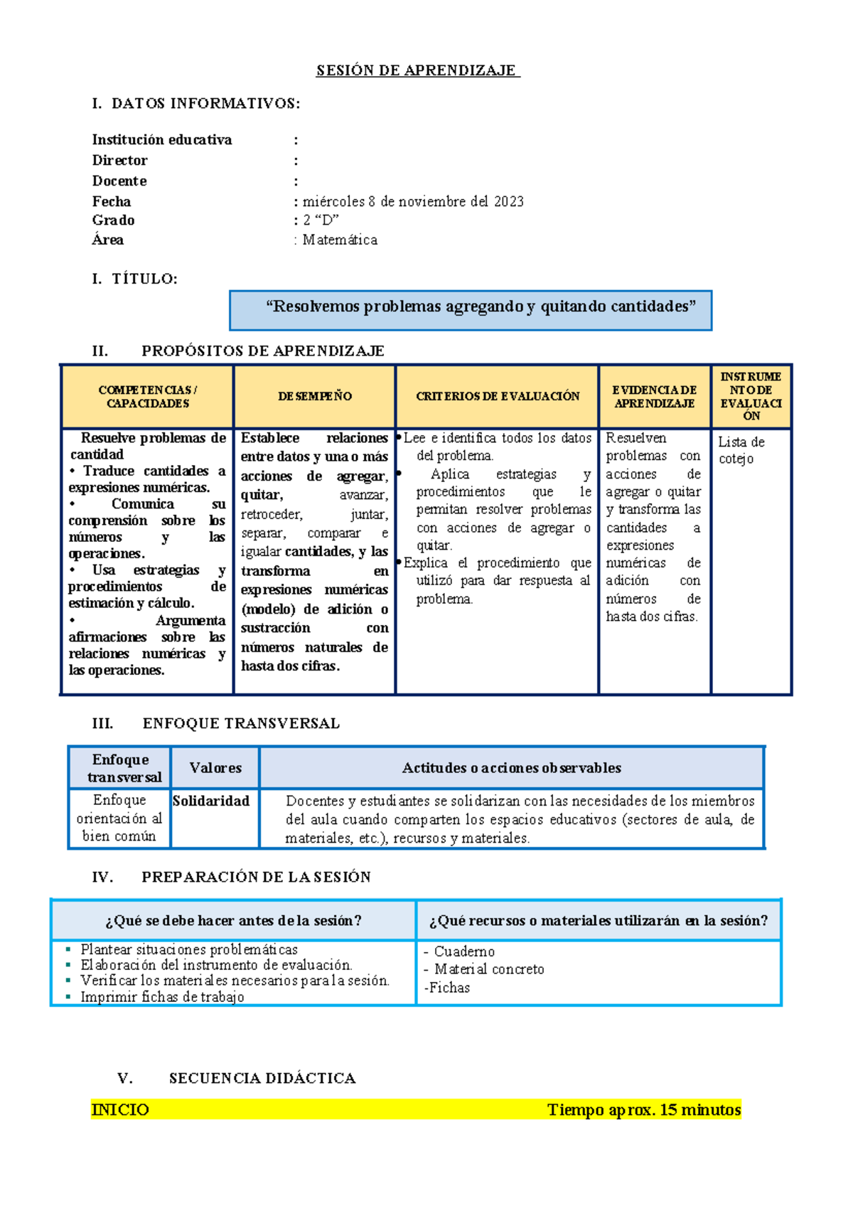 Resolución de Problemas de Cantidad - SESIÓN de Matemática 2D - Studocu