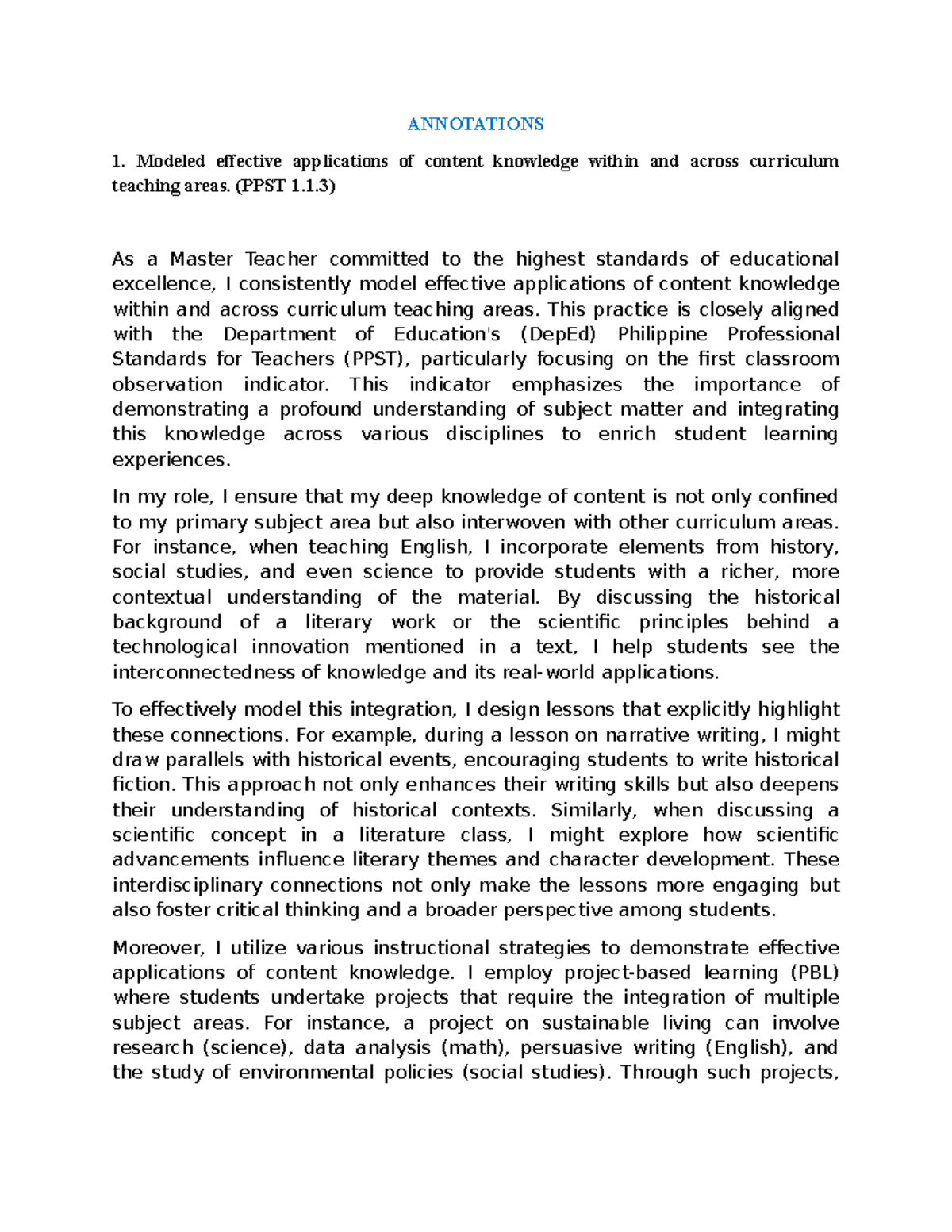 Annotations for IPCRF: Effective Content Knowledge Applications (PPST 1 ...