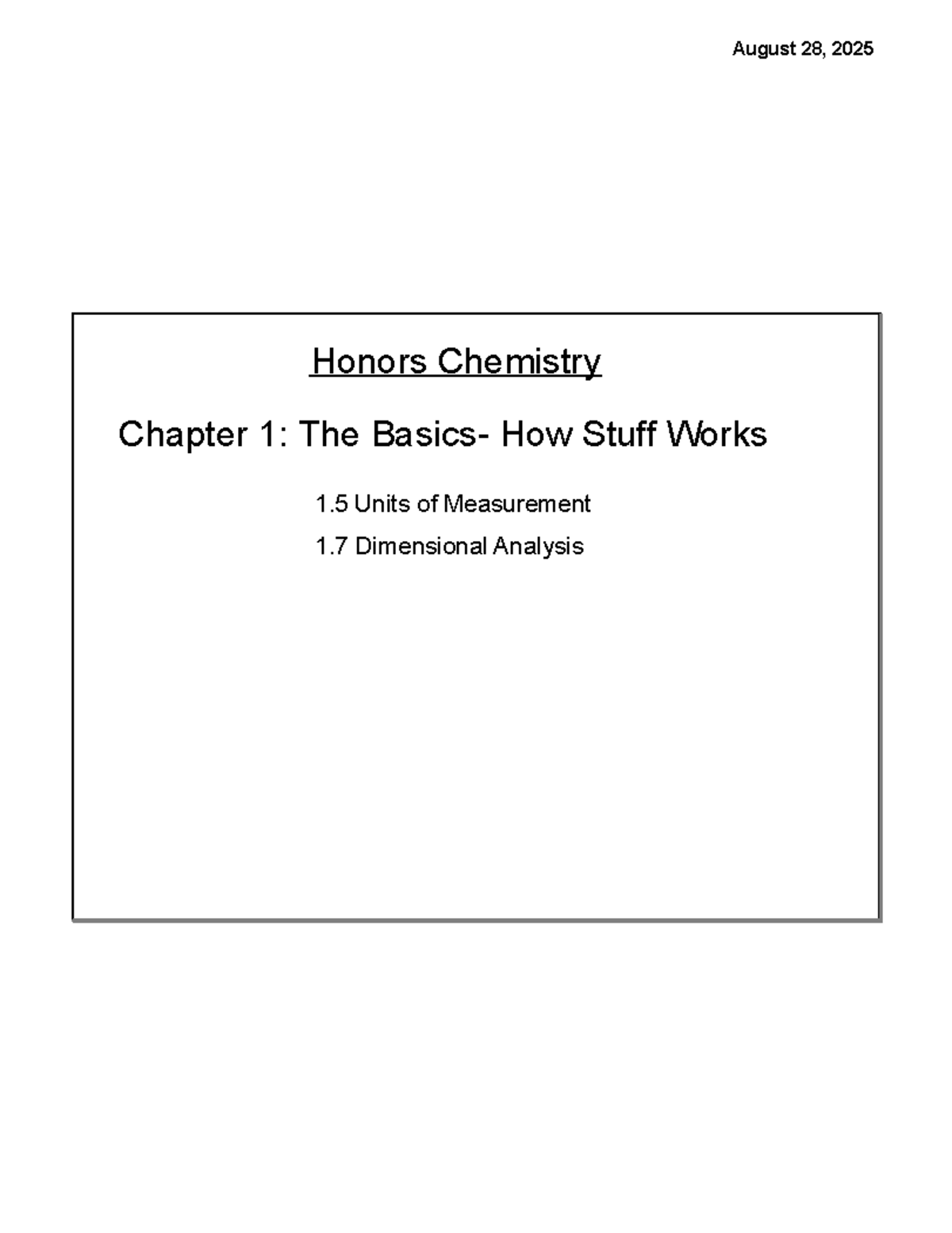 Honors Chemistry Ch1 Conversion Practice Dimensional Analysis Notes
