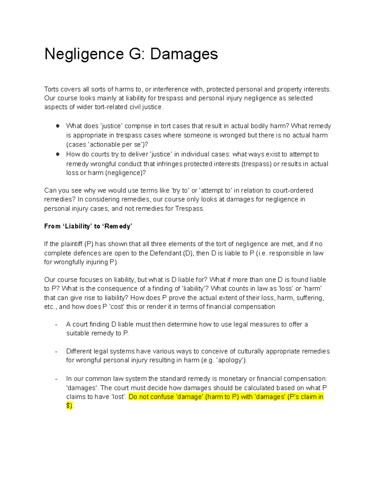 Torts 101: Understanding Negligence Damages and Remedies in Law - Studocu