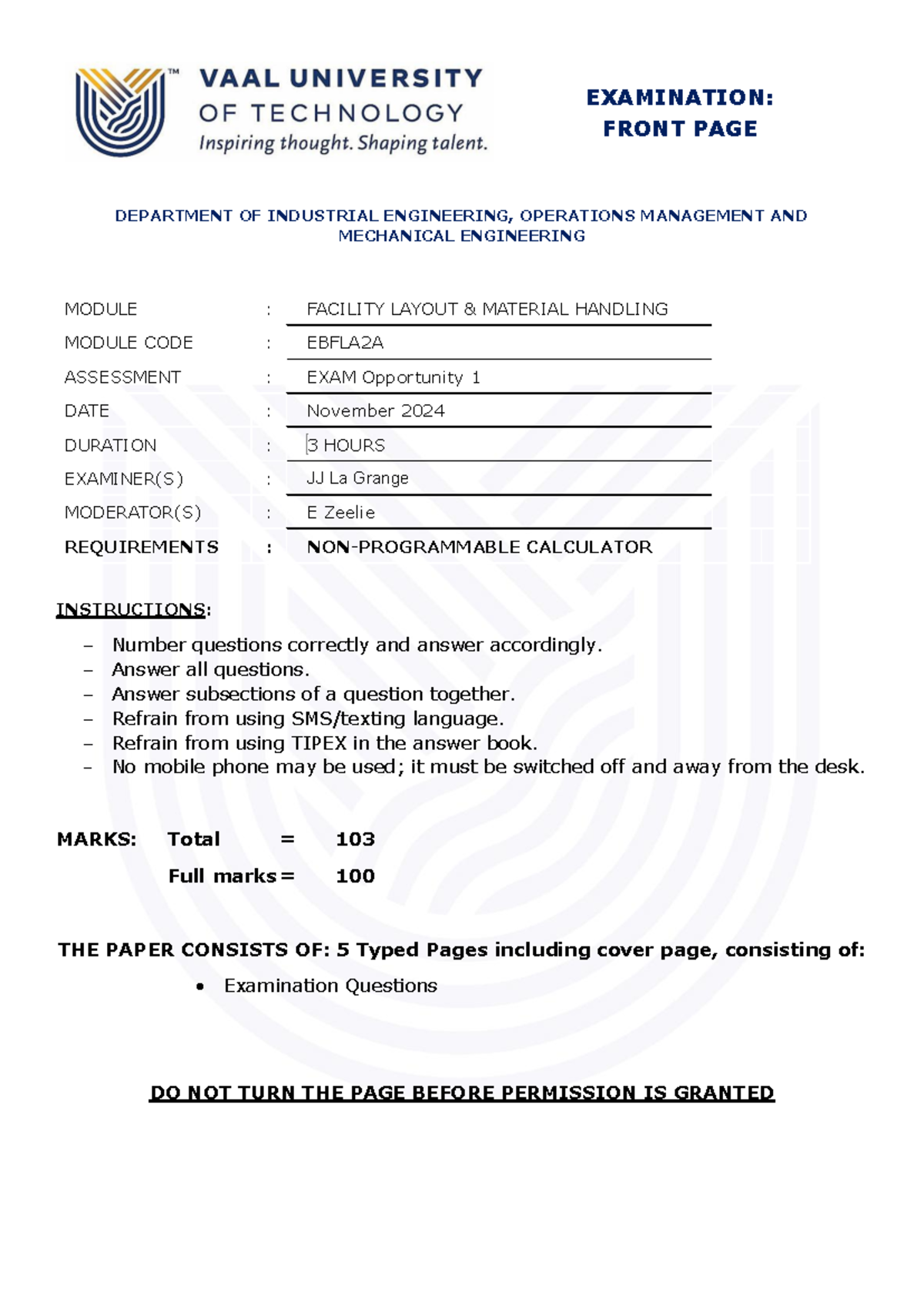 Facility Layout & Material Handling Exam Paper EBFLA2A Opportunity 1 ...