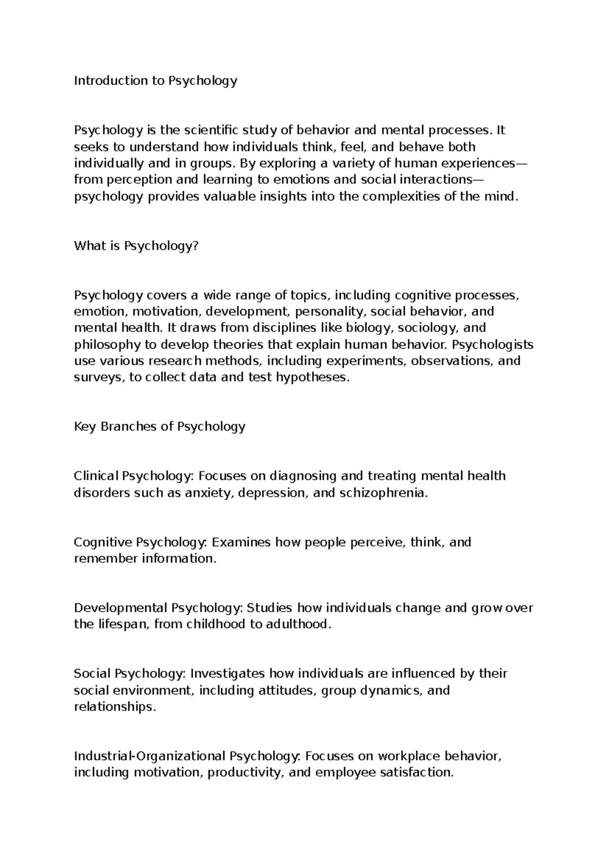 PSY101: Introduction to Psychology - Key Concepts and Branches - Studocu