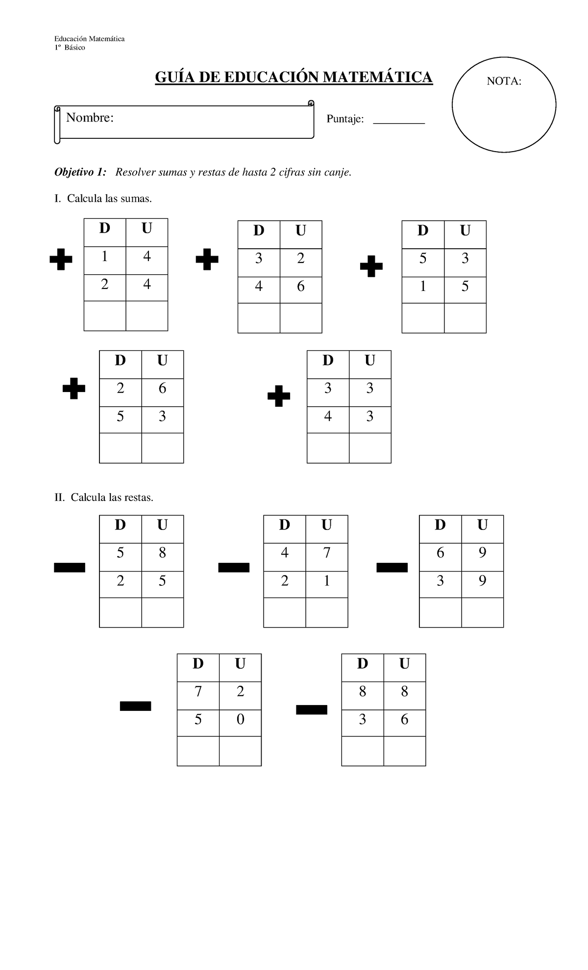 Guía de matematica,sumasyrestas,1ro basico - Educación Matemática 1º ...