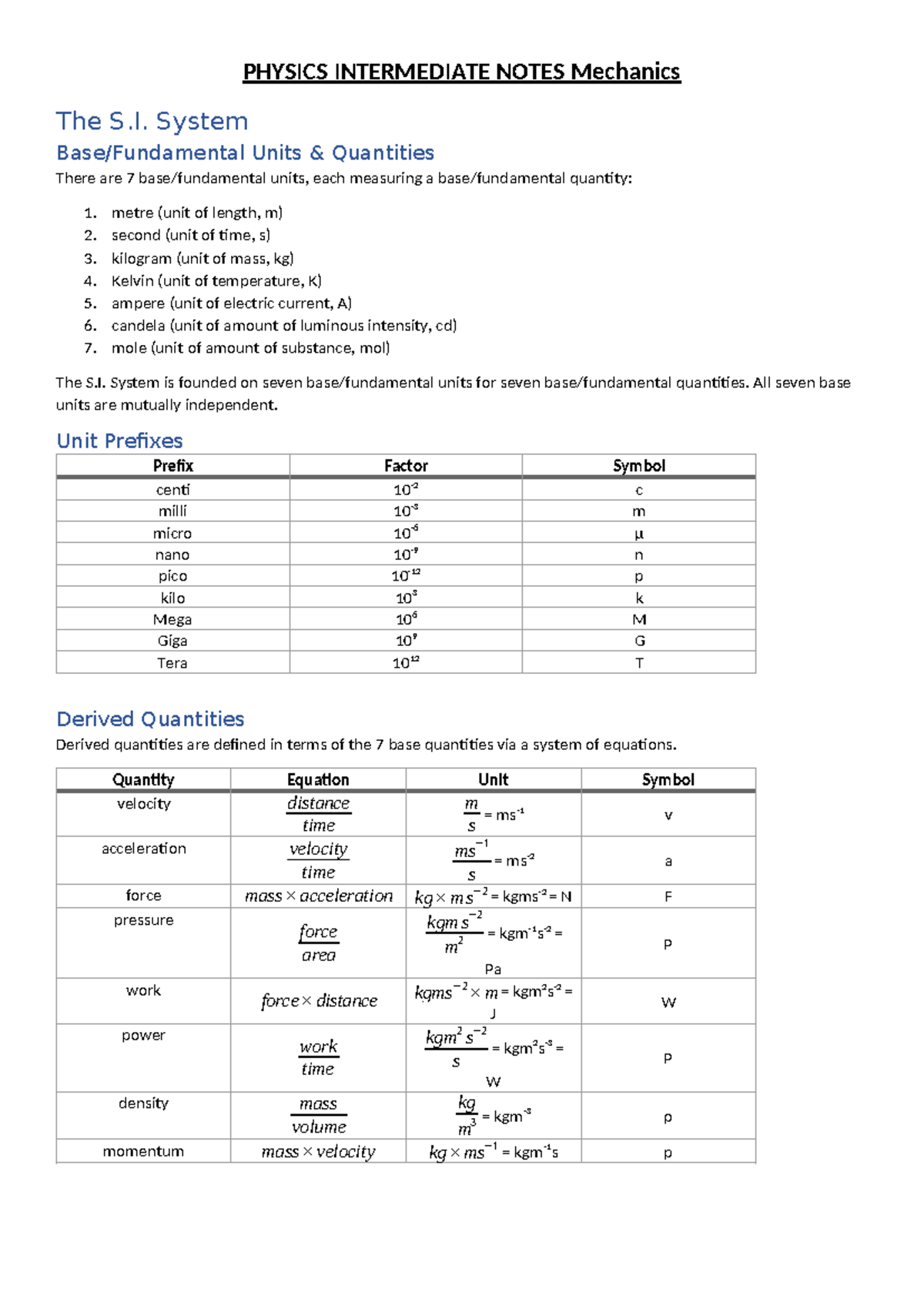PHYSICS 101: Intermediate Mechanics Notes on S.I. Units and Forces ...