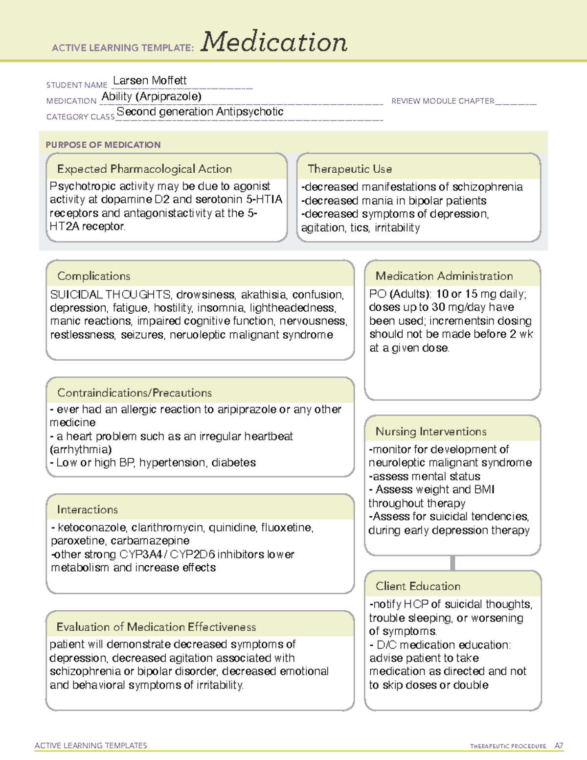 ACTIVE LEARNING TEMPLATE: Aripiprazole Medication Review Module - Studocu