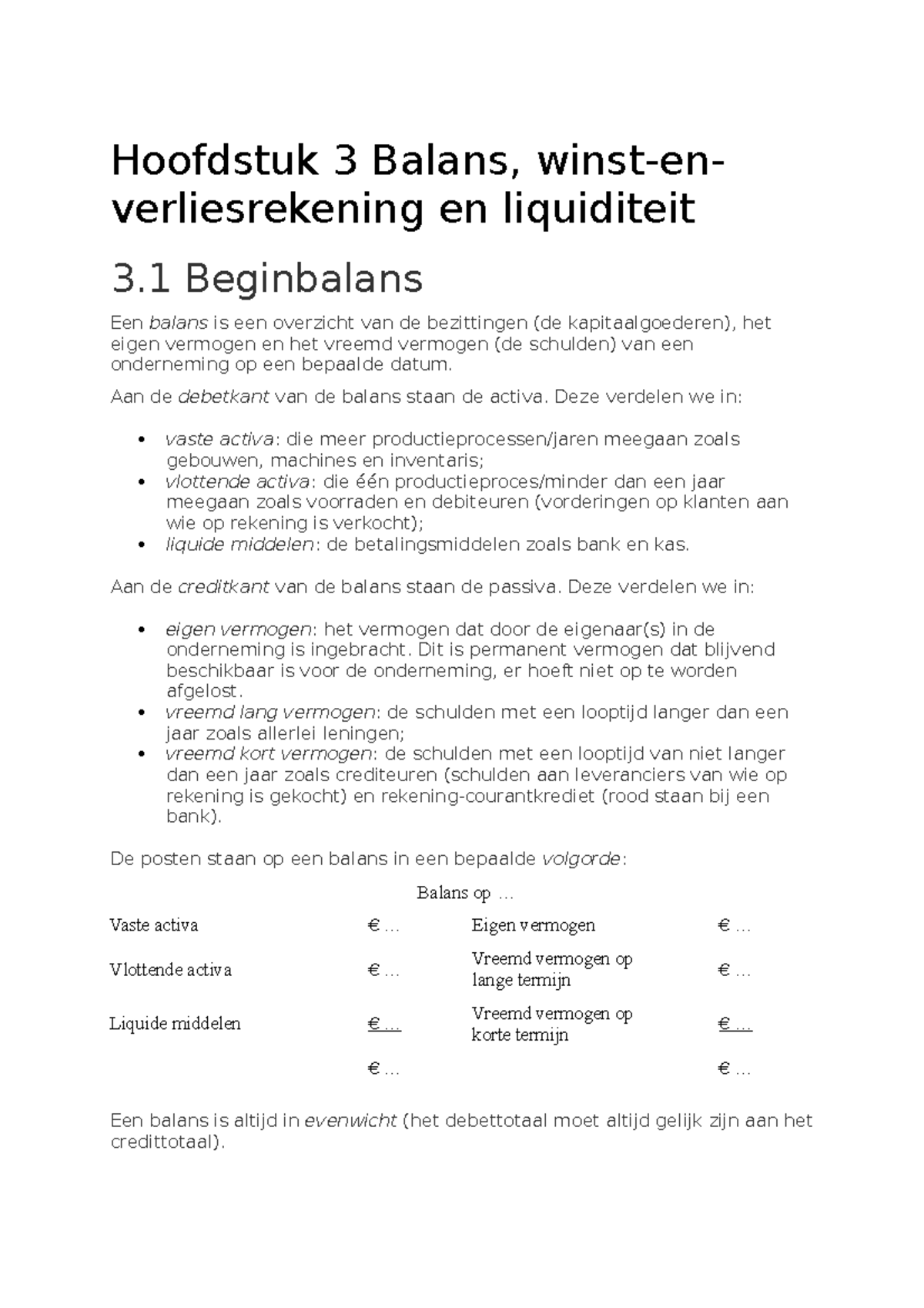 Hoofdstuk 3: Balans en Winst-en-Verliesrekening Samenvatting - Studeersnel