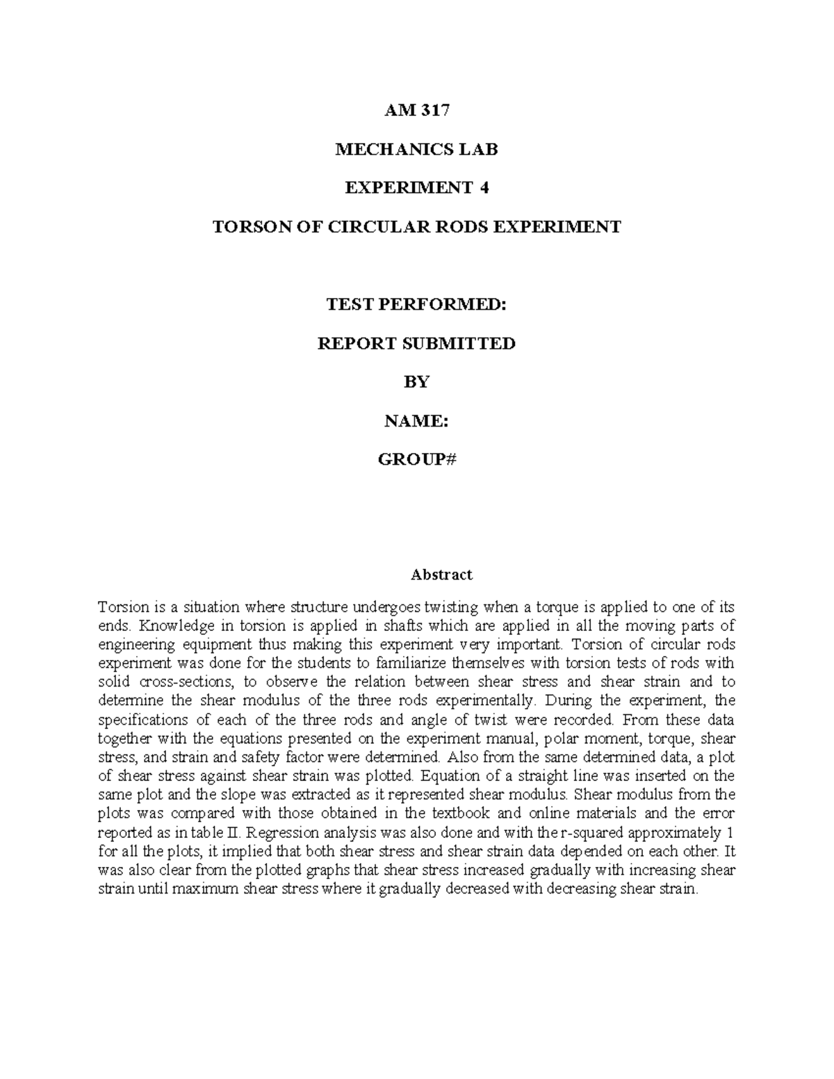 AM 317 Mechanics Lab: Torsion of Circular Rods - Lab Report - Studocu