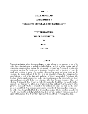 Bending - Lab report - AM 317 MECHANICS LAB EXPERIMENT 3 BENDING STRESS ...
