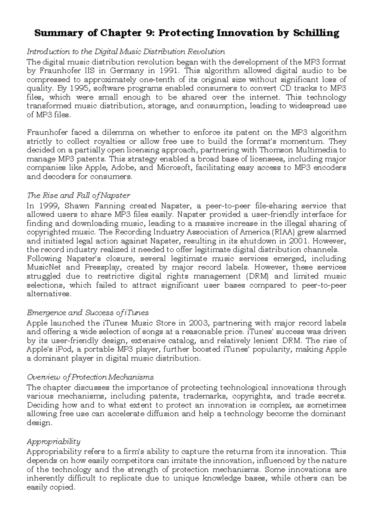 TIM M06 Schilling Summary of Chapter 9 - Protecting Innovation by ...