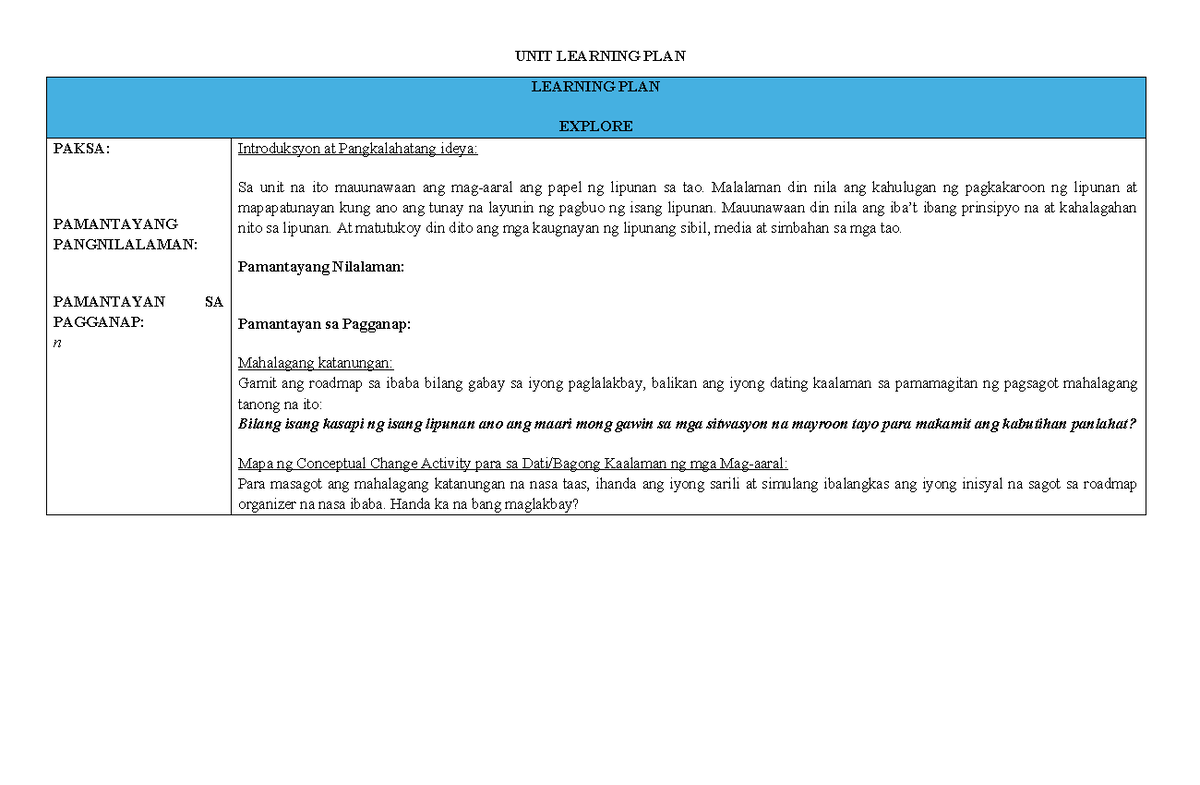 Learning PLAN Filipino 10 Q1: Unit Overview and Activities - Studocu