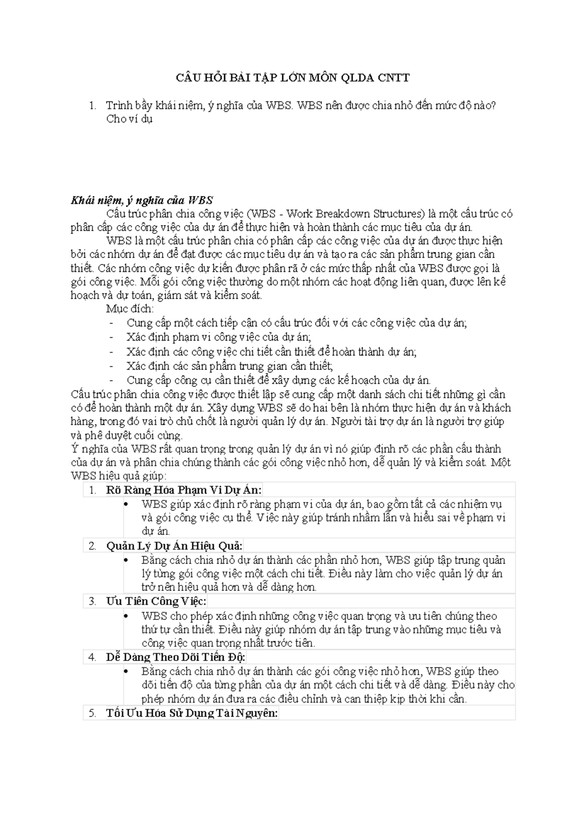 ĐỀ KIỂM TRA MÔN QLDA CNTT- IT22: Khái Niệm và Ý Nghĩa của WBS - Studocu