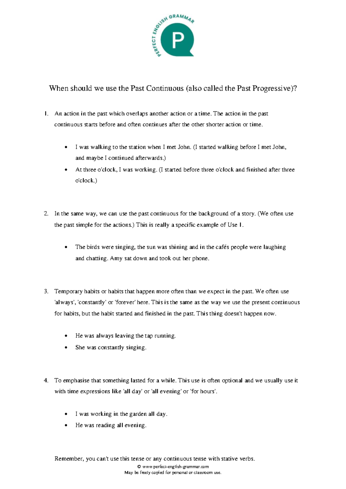 Past Continuous Use: Key Points and Examples for Grammar Study - Studocu