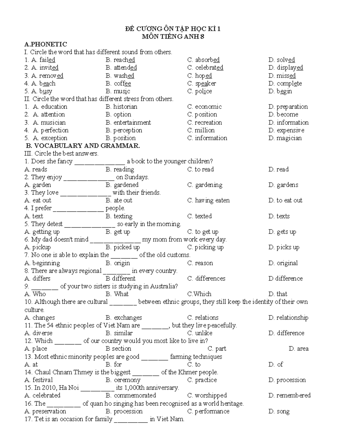 ĐỀ CƯƠNG ÔN TẬP HỌC KÌ 1 MÔN TIẾNG ANH 8 - C NG A8 HK1 NH - Studocu