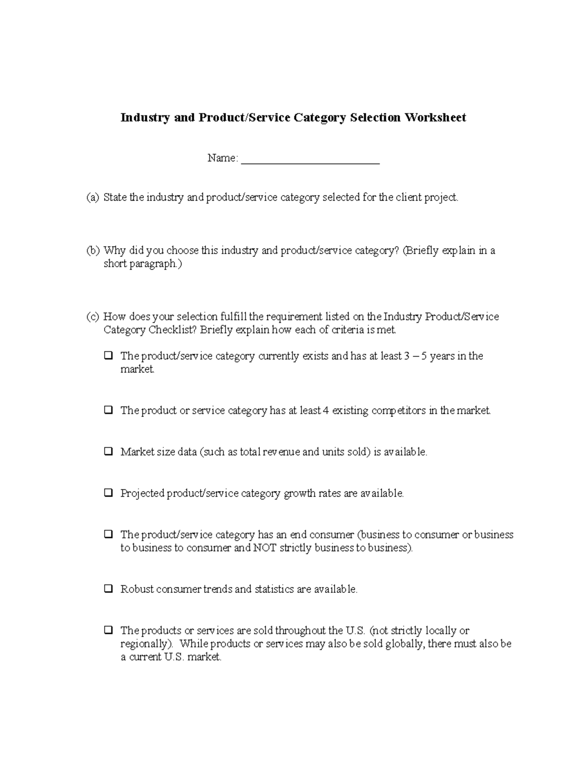 Industry & Product-Service Category Selection Worksheet - Studocu