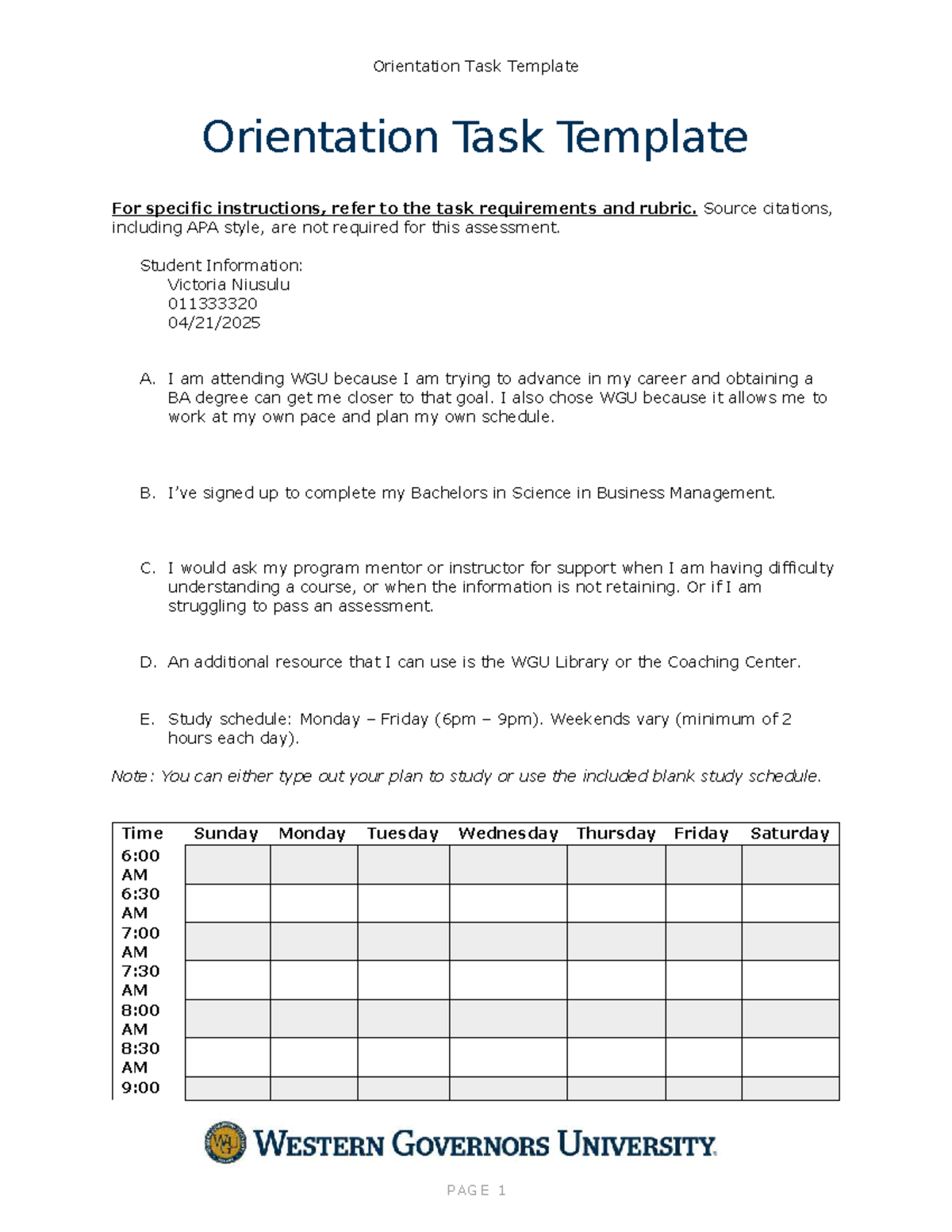 WGU Orientation Task Template: Study Plan & Resources Guide - Studocu