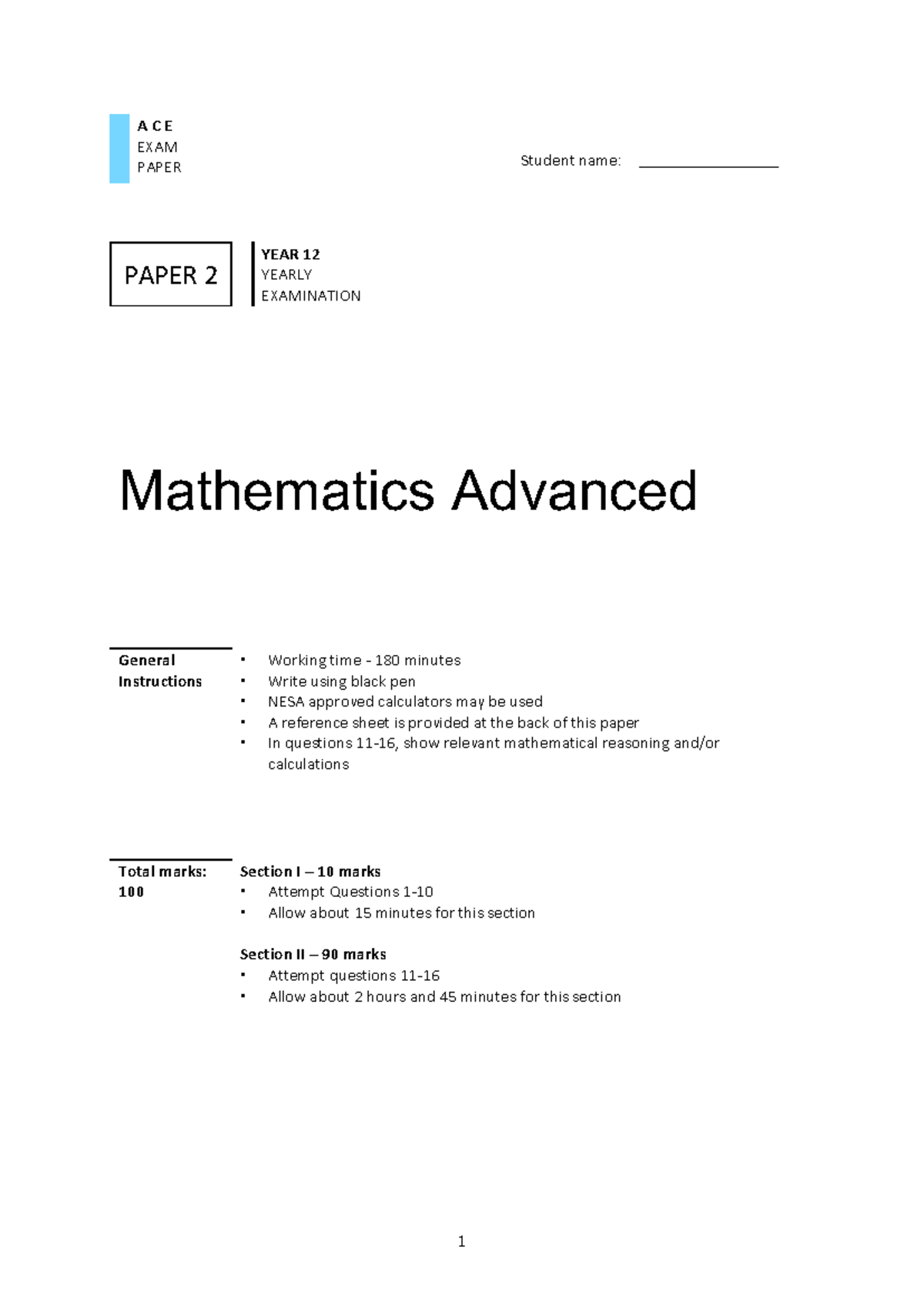 ACE Year 12 Mathematics Advanced Exam Paper 2 + Answers - Studocu