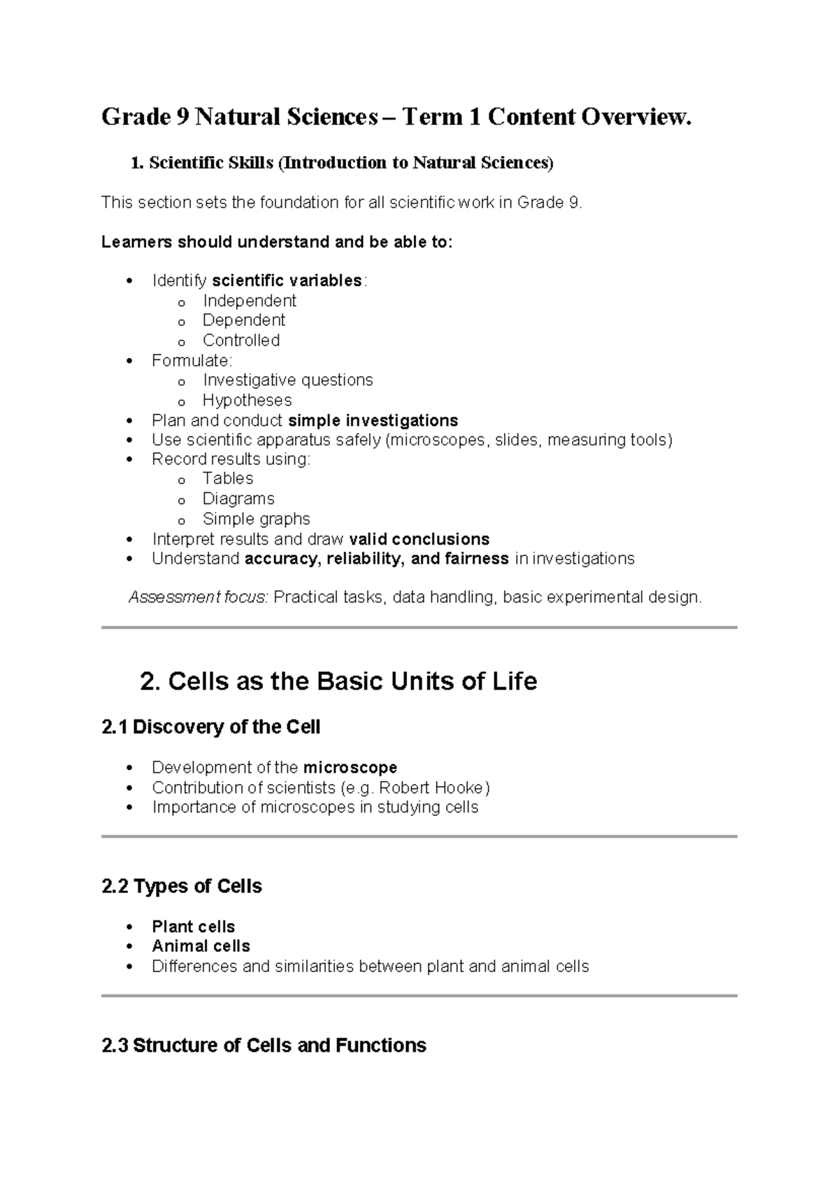 GR9 NS TERM 1: Natural Sciences Content Overview - Studocu