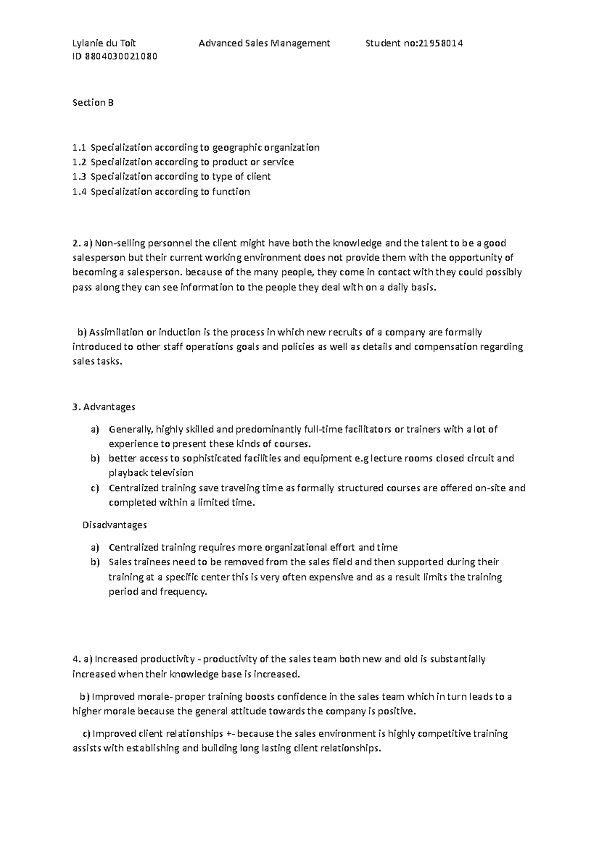 Section B - Sales Management N6 Assignment 1 - Lylanie du Toit Advanced ...
