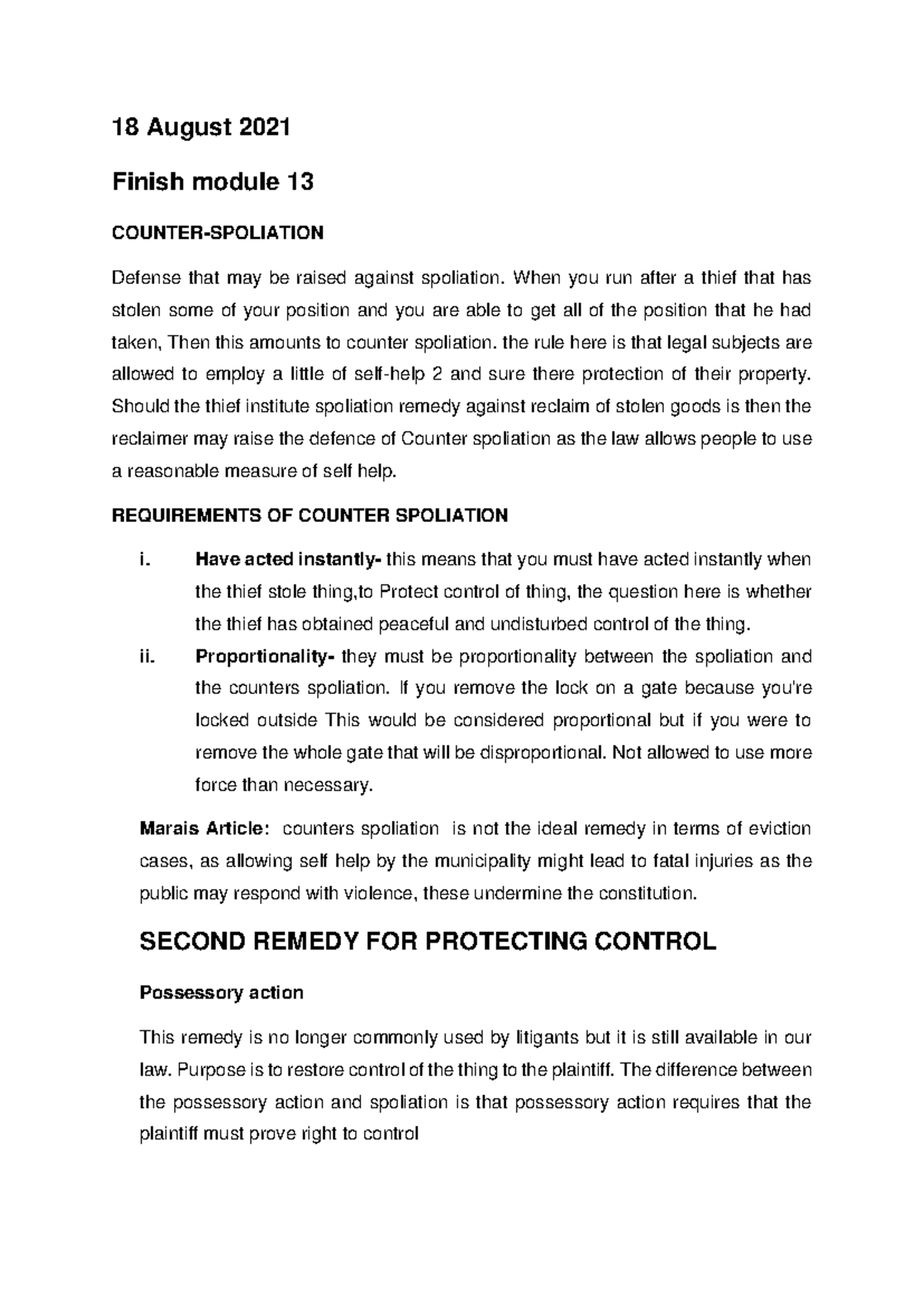 Module 14 - Counter Spoliation and Possessory Actions Notes - Studocu