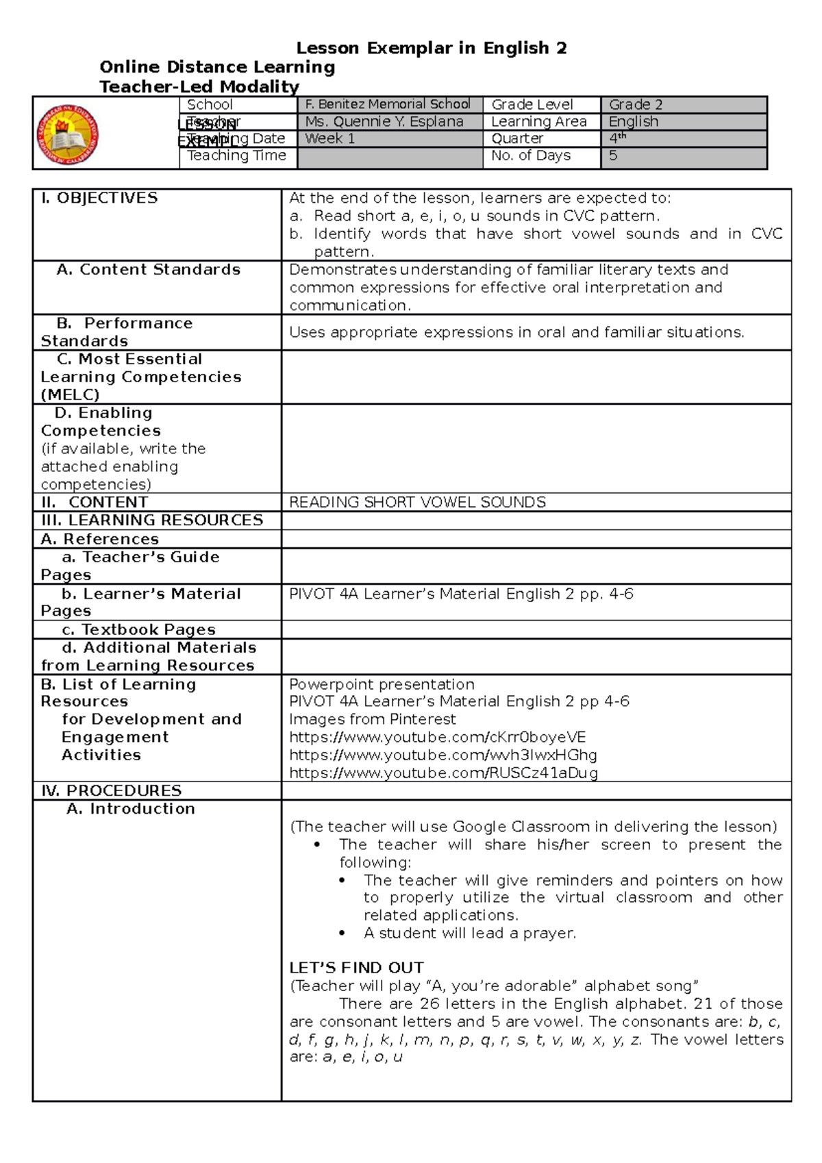 Lesson Plan for CVC Pattern in English 2 - Week 1 Q4 - Studocu