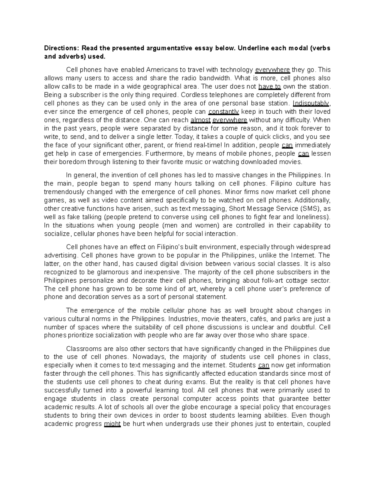 Argumentative Essay Worksheet on Cell Phones' Impact (ENG101) - Studocu