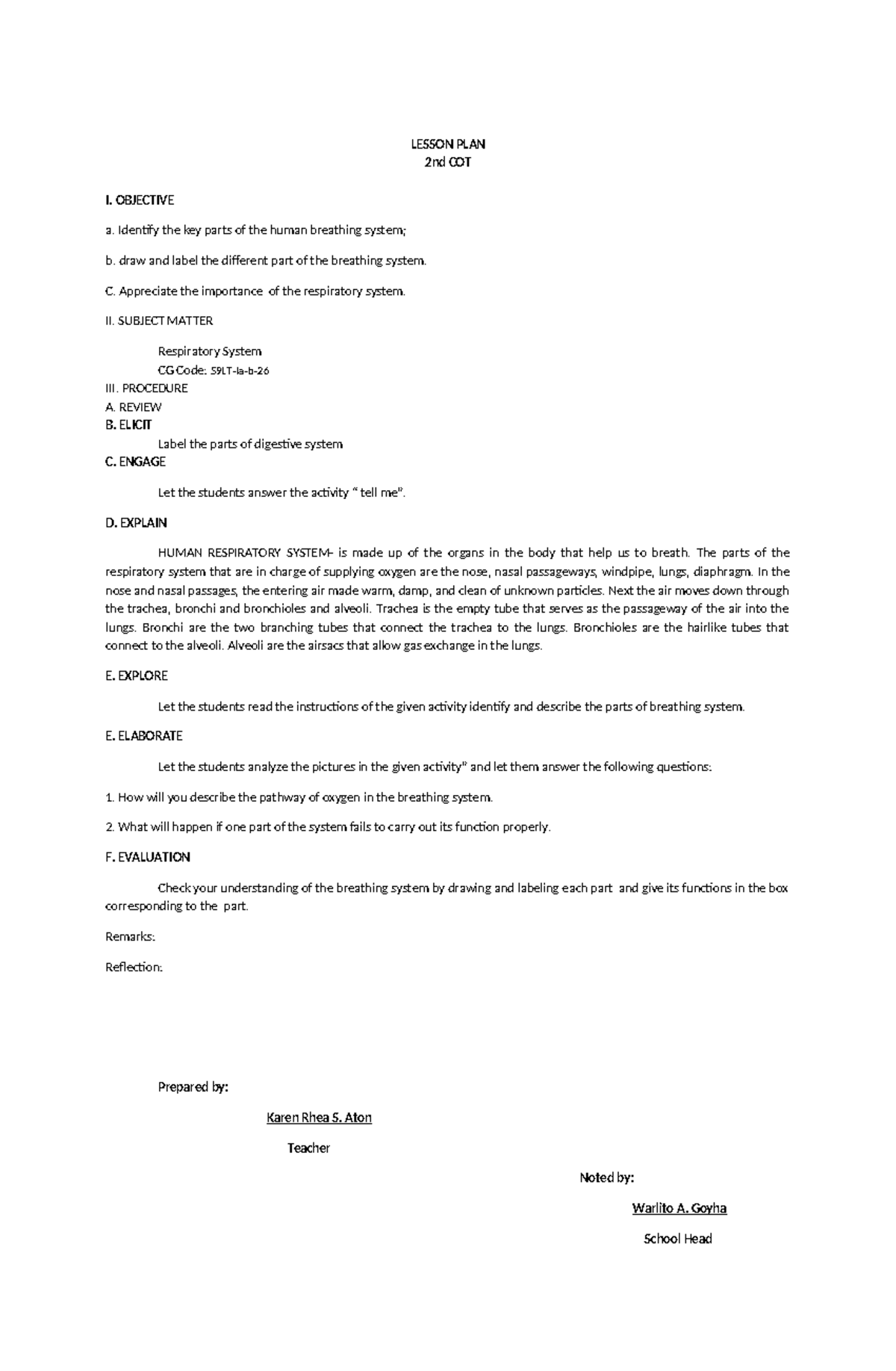 Science 9 Lesson Plan: Understanding the Human Respiratory System - Studocu