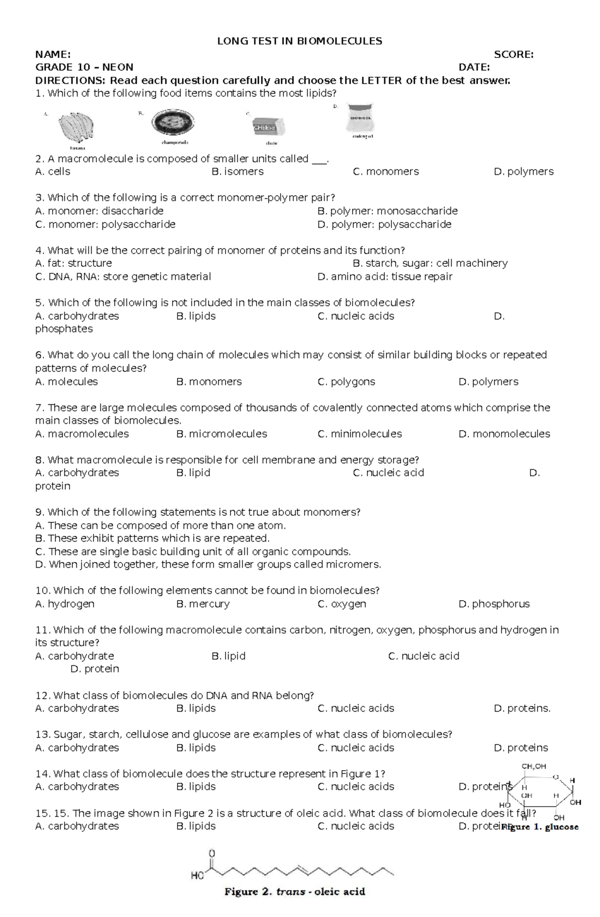LONG TEST IN BIOMOLECULES GRADE 10 NEON - Studocu