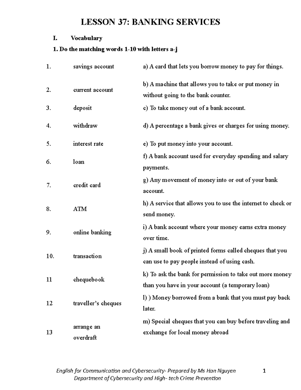 Lesson 37: Banking Services Vocabulary and Activities - Studocu