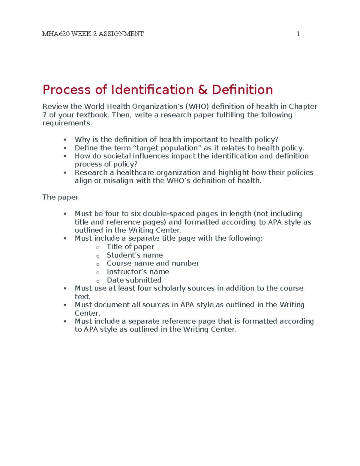 MHA620 Week 2 Assignment: Defining Health Policy and Its Importance - Studocu
