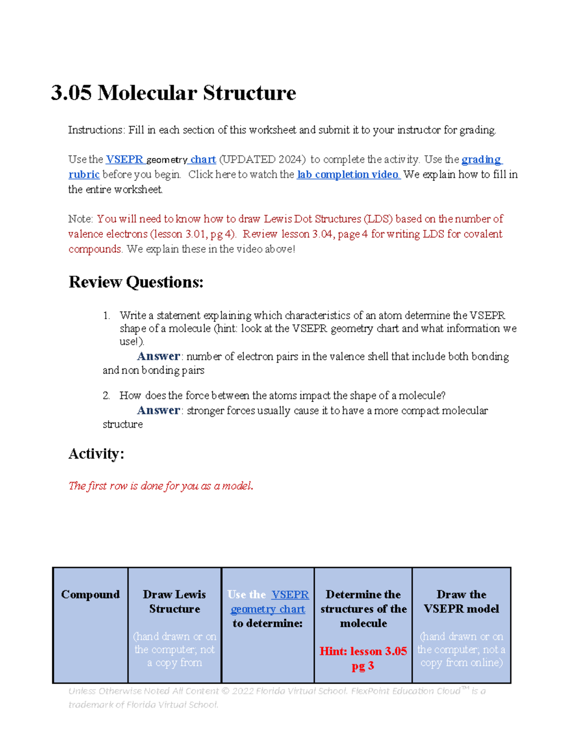 3.05 Molecular Structure Worksheet: VSEPR Geometry Activity - Studocu