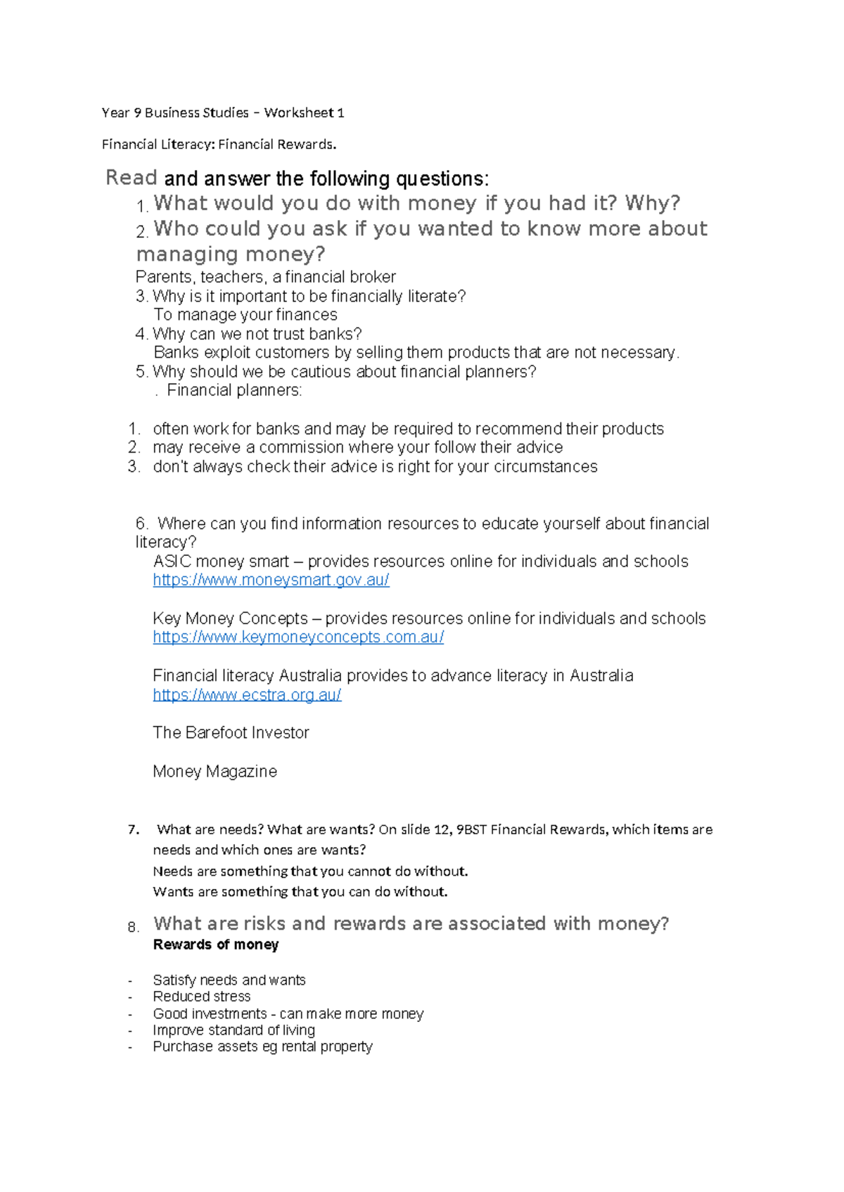 Year 9 Business Studies Worksheet 1: Financial Literacy Insights - Studocu