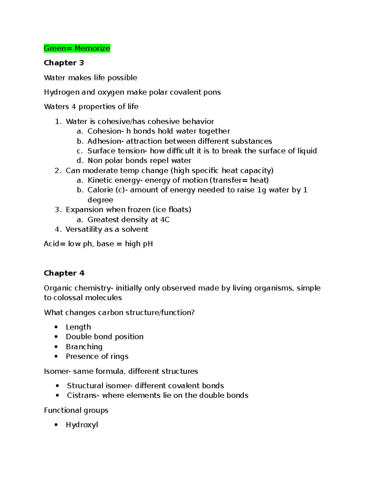 Biology CH 3 & 4 Notes: Water Properties & Organic Compounds - Studocu