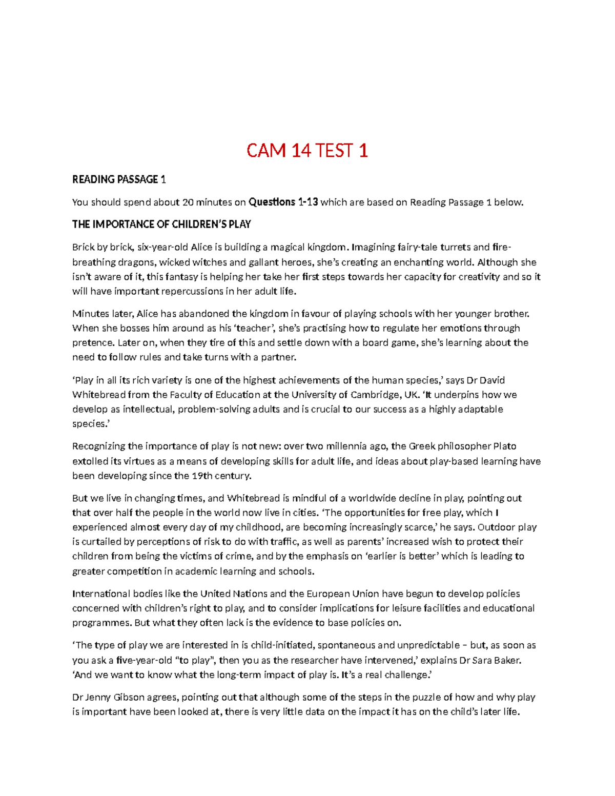CAM 14 TEST 1 - ielt - CAM 14 TEST 1 READING PASSAGE 1 You should spend ...