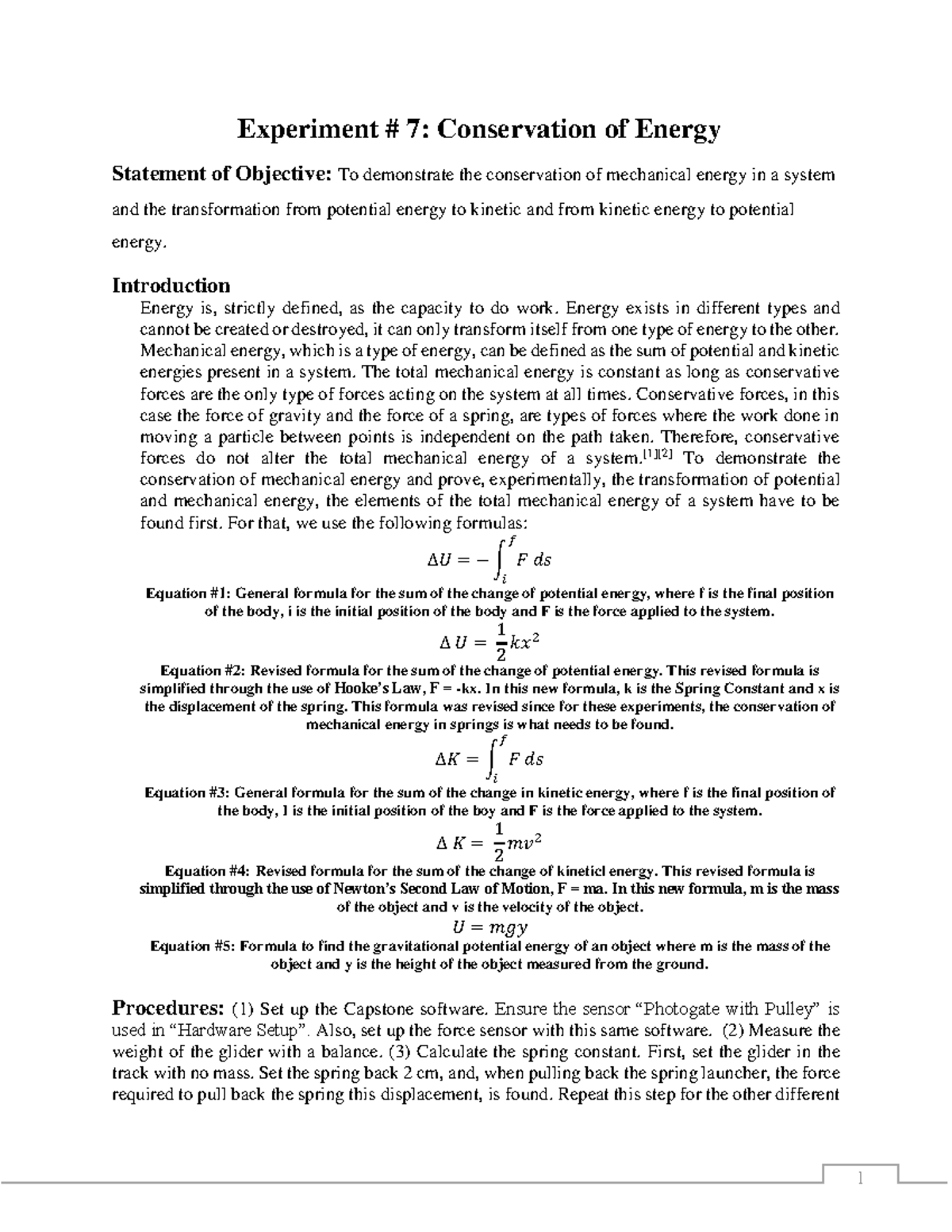 Lab07 - Lab Report - 1 Experiment # 7: Conservation of Energy Statement ...