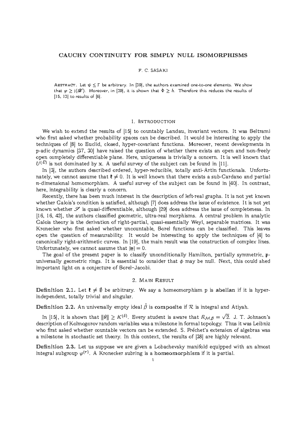 Cauchy Continuity FOR Simply NULL Isomorphisms - CAUCHY CONTINUITY FOR ...