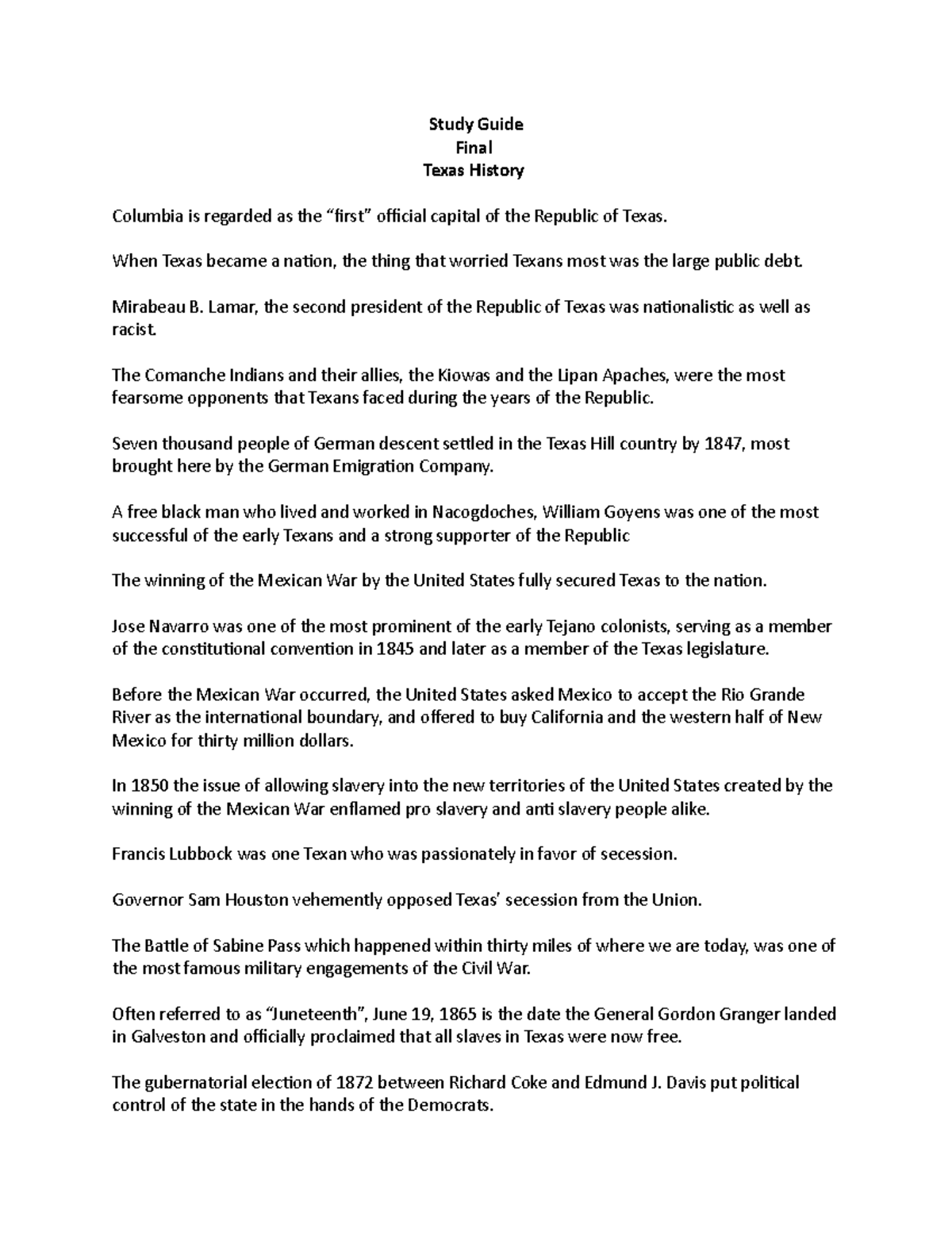 Final Tx History Study guide - Study Guide Final Texas History Columbia ...