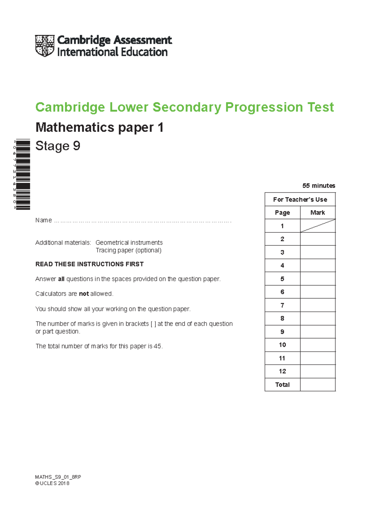 Cambridge Lower Secondary Progression Test 0477214380 Mathematics Stage ...