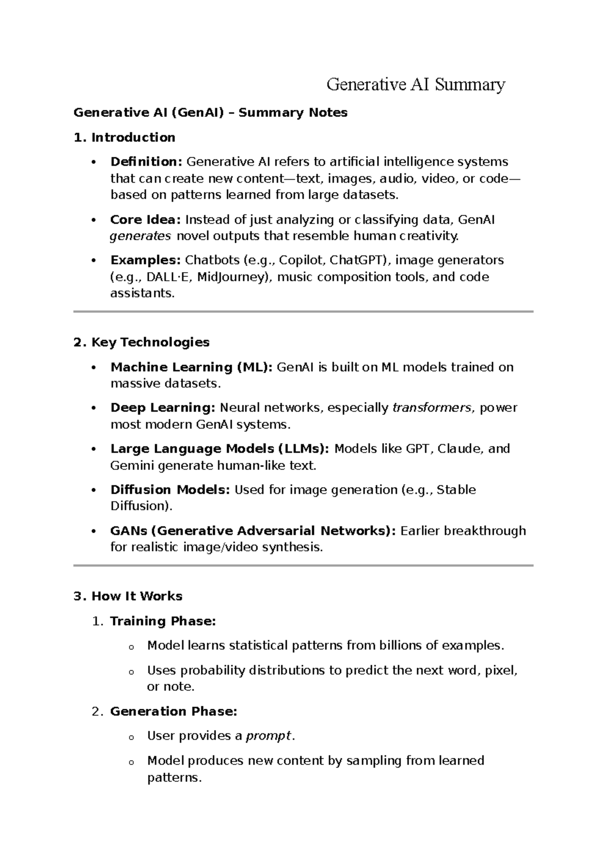 Generative AI (GenAI) Summary Notes: Key Concepts & Applications - Studocu