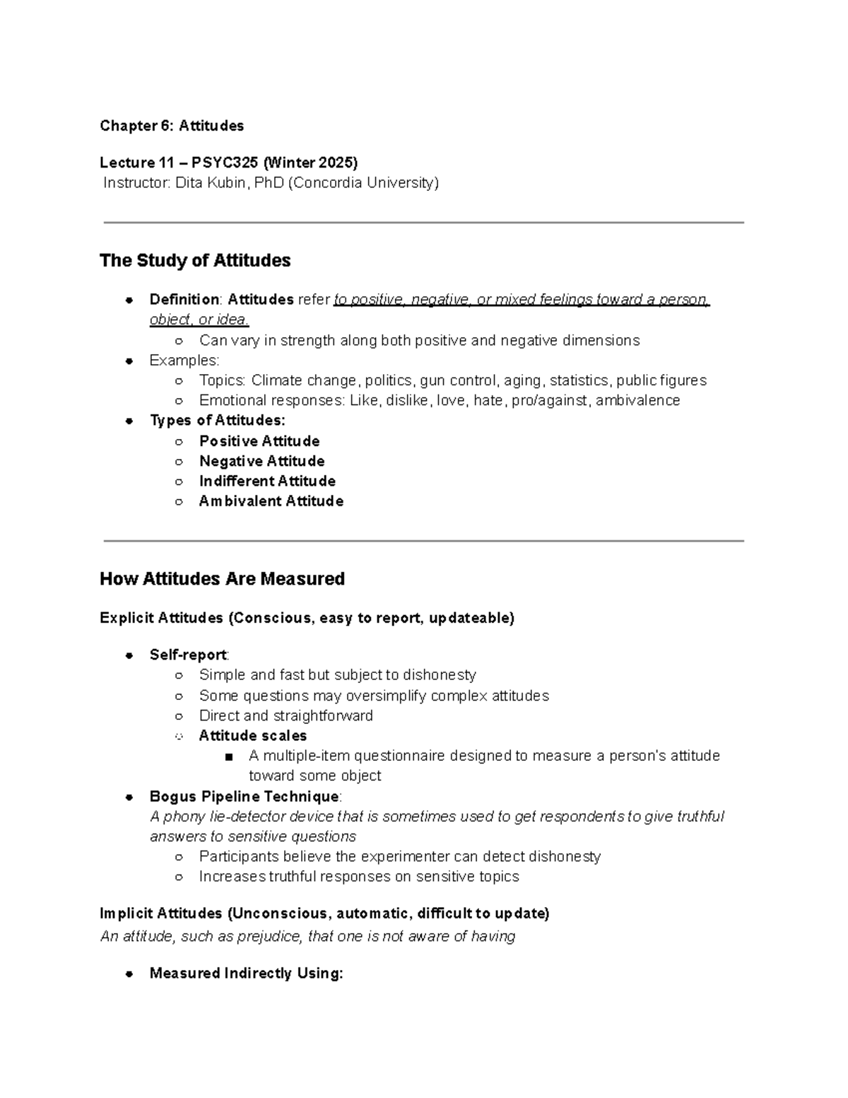 Chapter 6: Attitudes Lecture 11 PSYC325 - Understanding Attitudes and ...