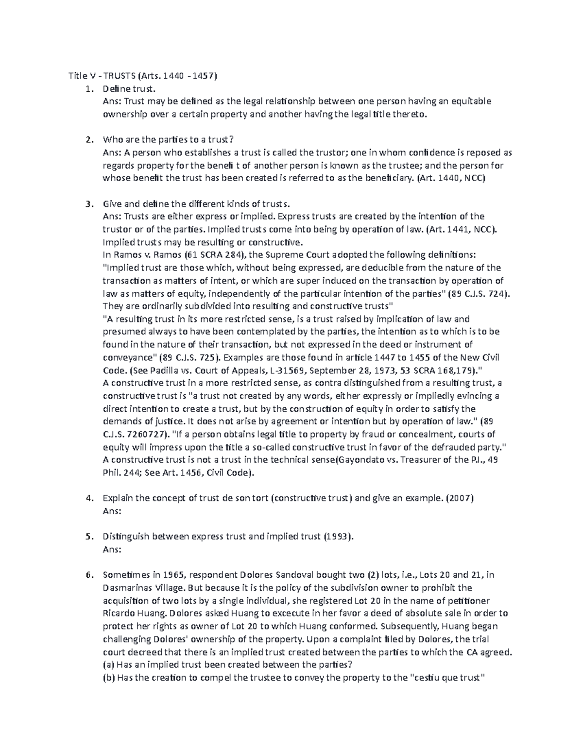 Trusts - Title V - Title V - TRUSTS (Arts. 1440 - 1457) 1. Define trust ...