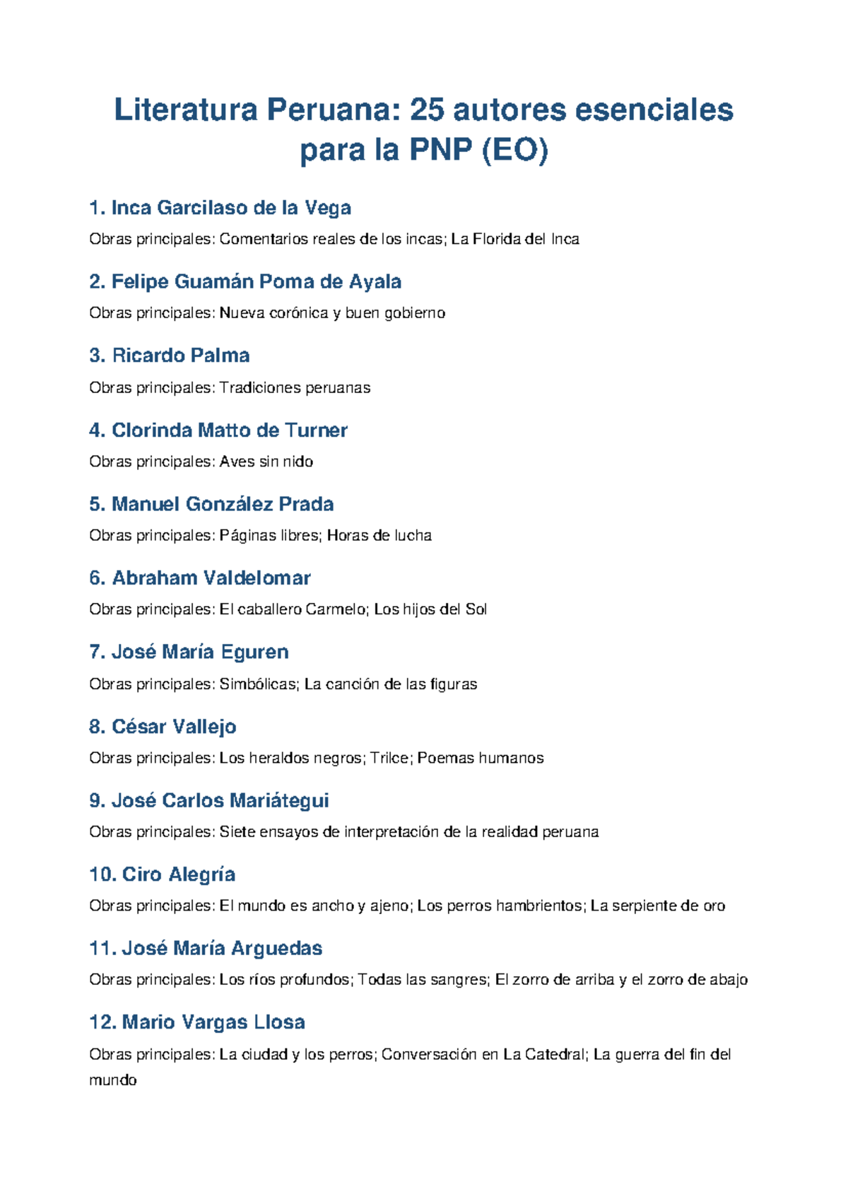 Literatura Peruana: 25 Autores Esenciales para la PNP (EO) - Studocu