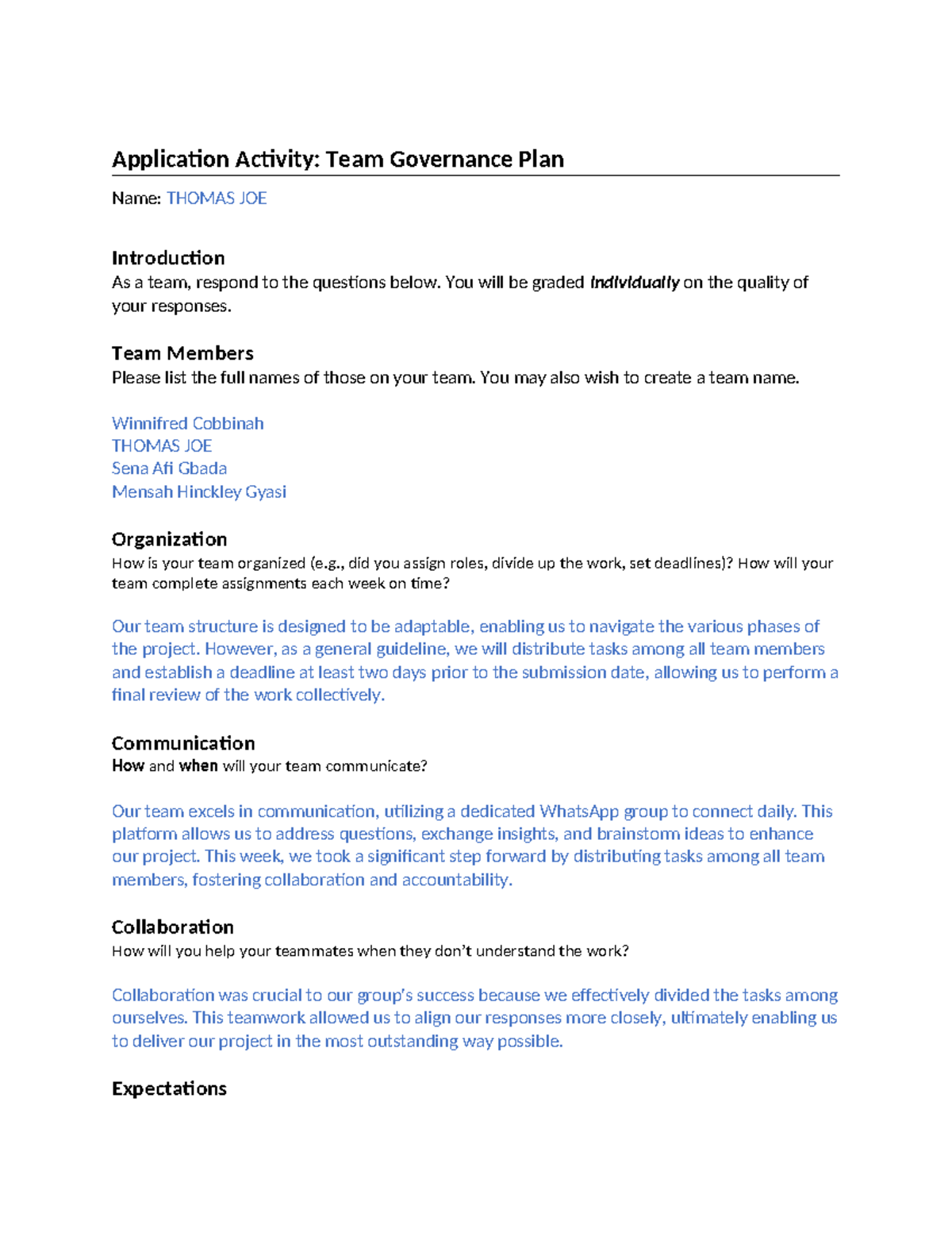 PC102 W04 Application Activity: Team Governance Plan Template - Studocu