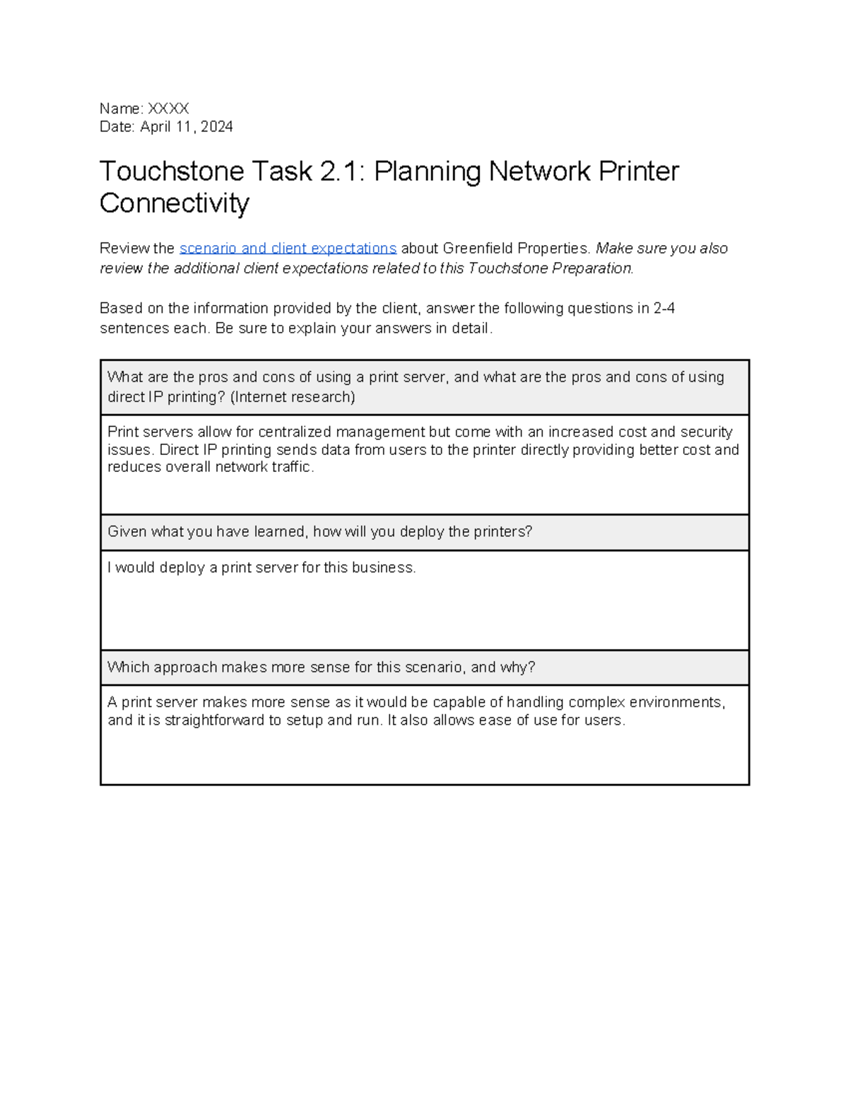 Touchstone Task 2.1: Planning Network Printer Connectivity Analysis - Studocu